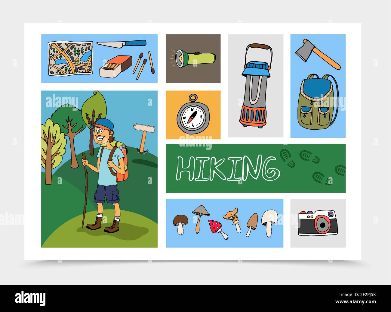 Hand drawn hiking colorful composition with tourist map knife matches ...