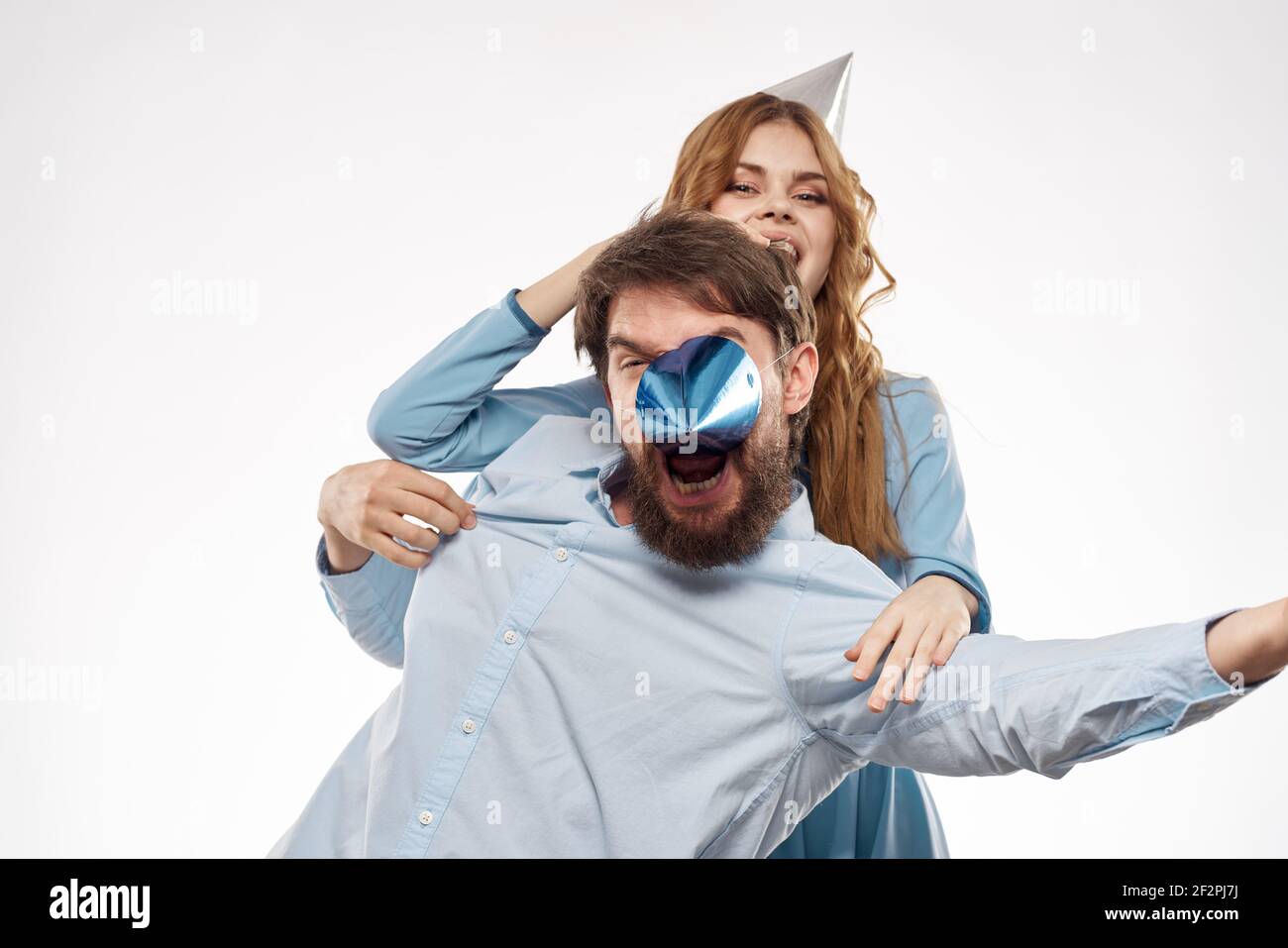 party man and woman birthday cake corporate fun white background Stock ...