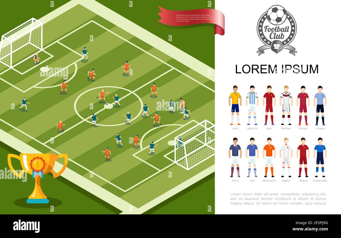 Flat soccer colorful concept with football match cup and players in ...