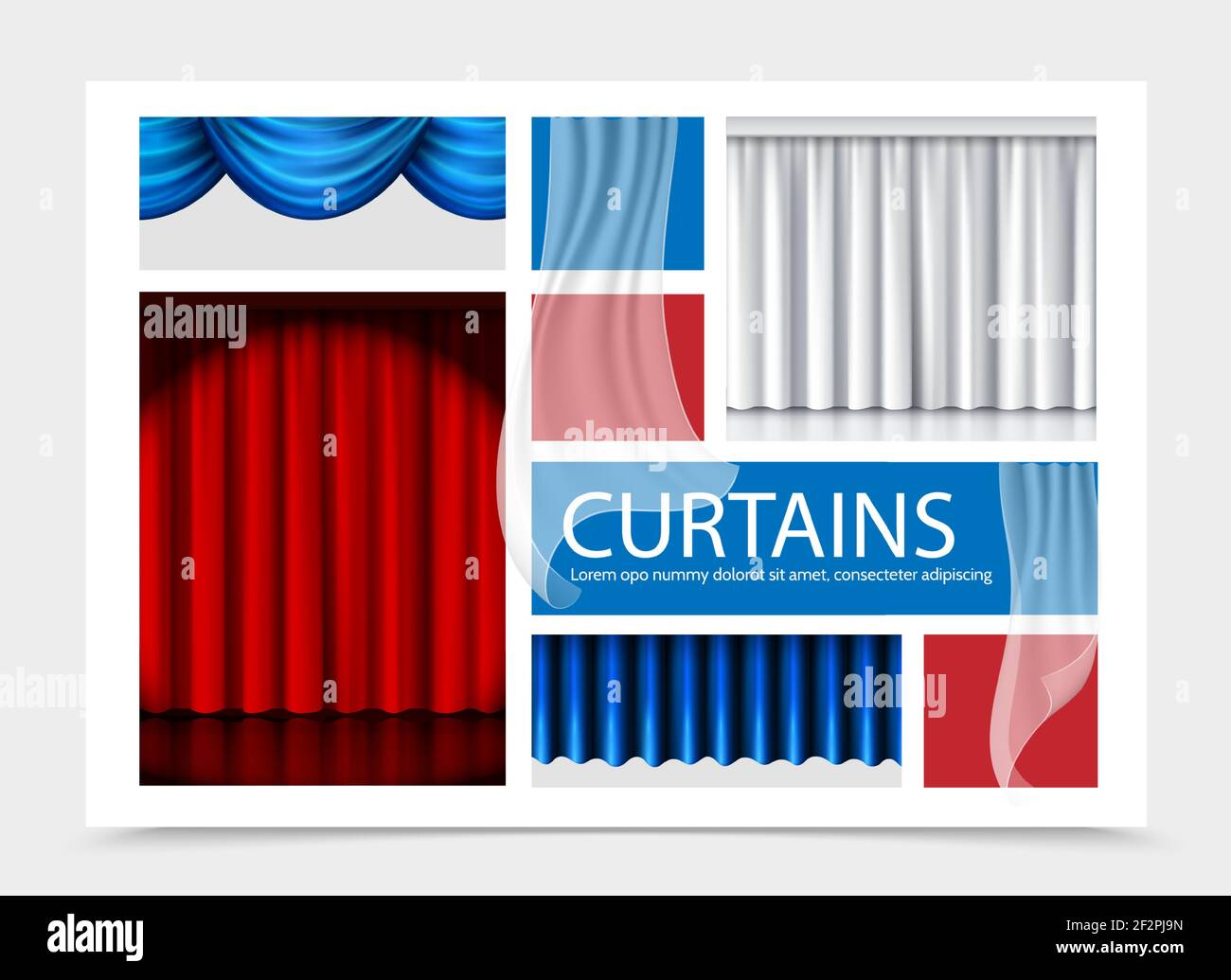 Realistic curtains composition with blue white red beautiful curtains ...