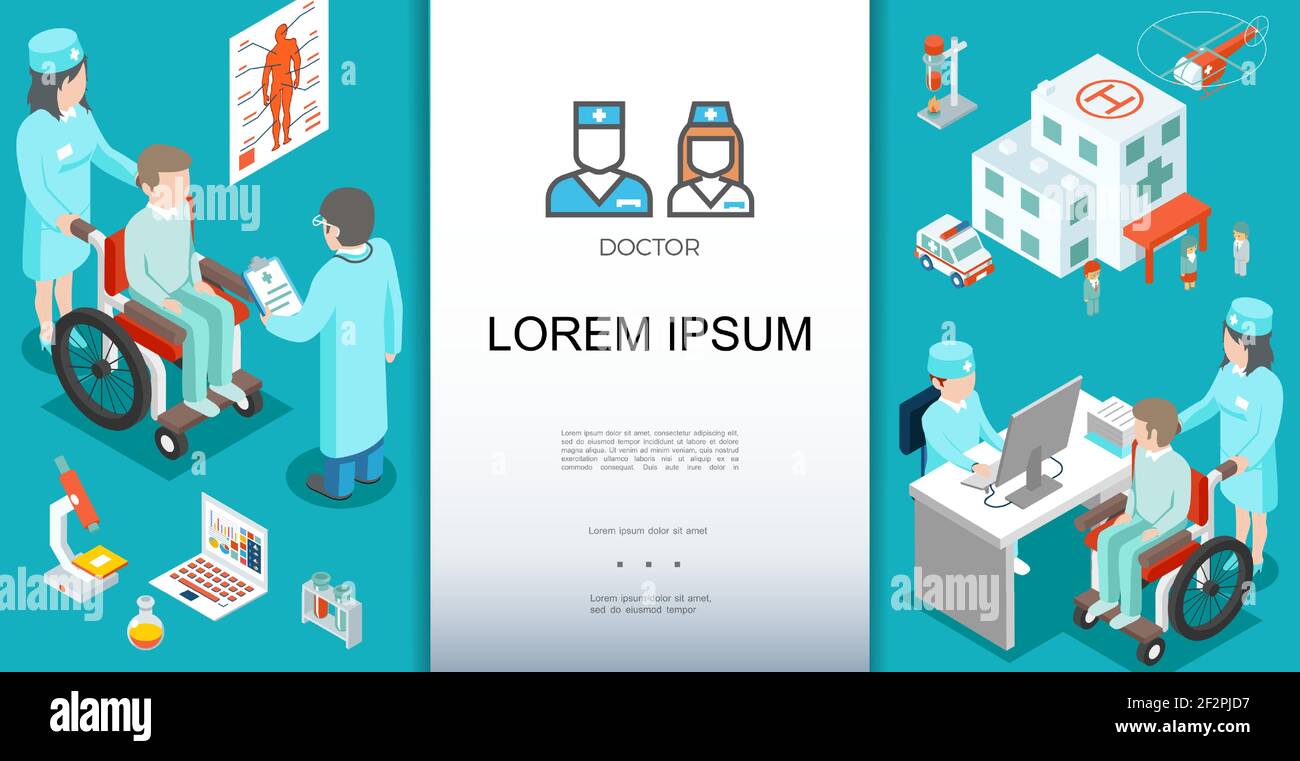Isometric medical care template with doctor consulting patients on ...