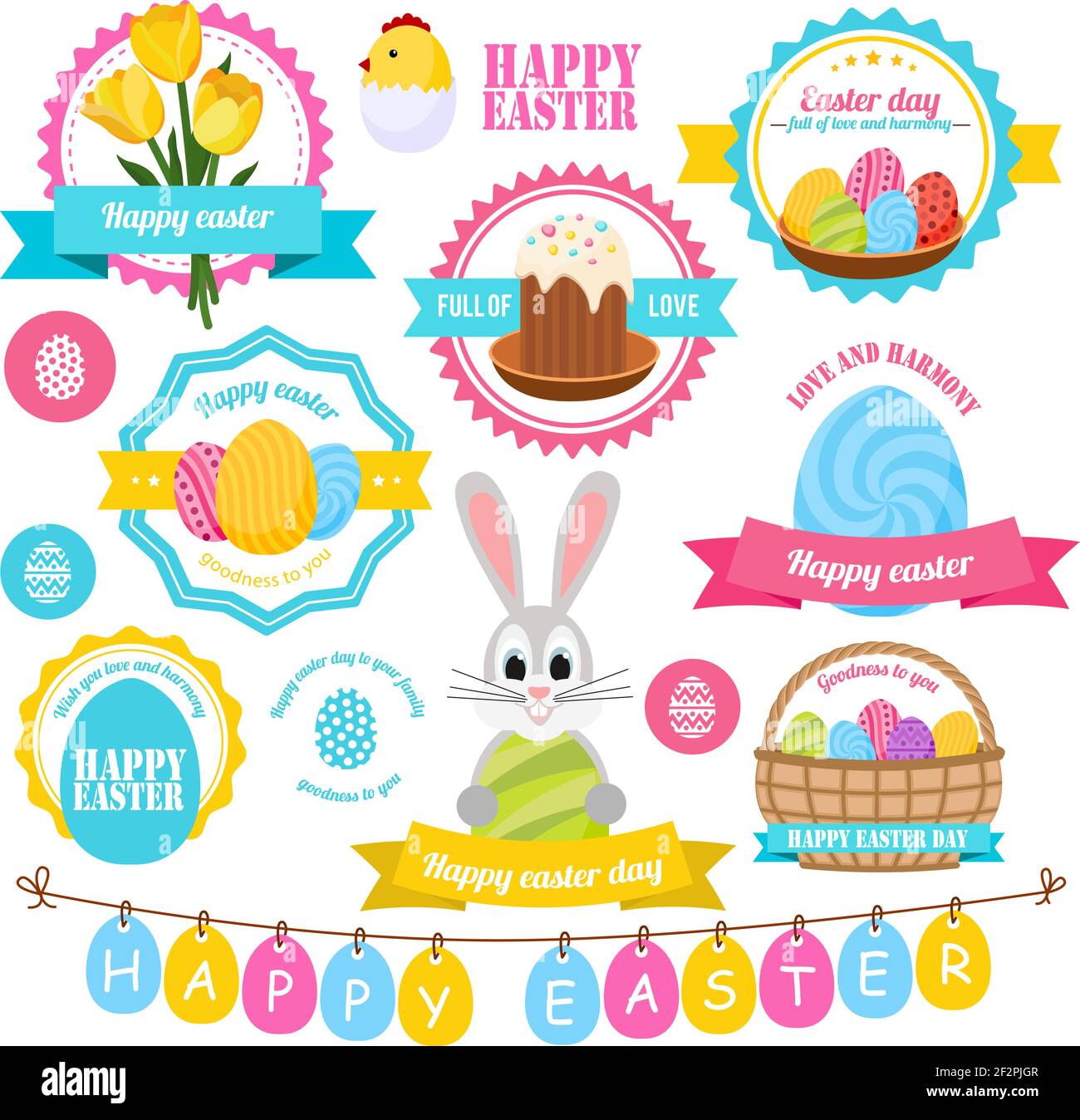 Easter colorful labels set with cake bunny posy of tulips chick painted ...