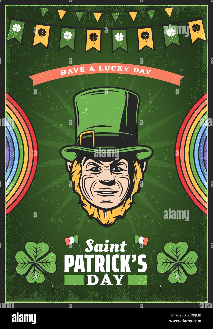Vintage colored St Patricks Day poster with inscription leprechaun face ...