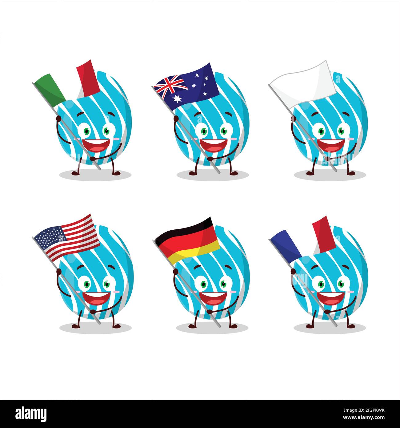 Cyan easter egg cartoon character bring the flags of various countries ...