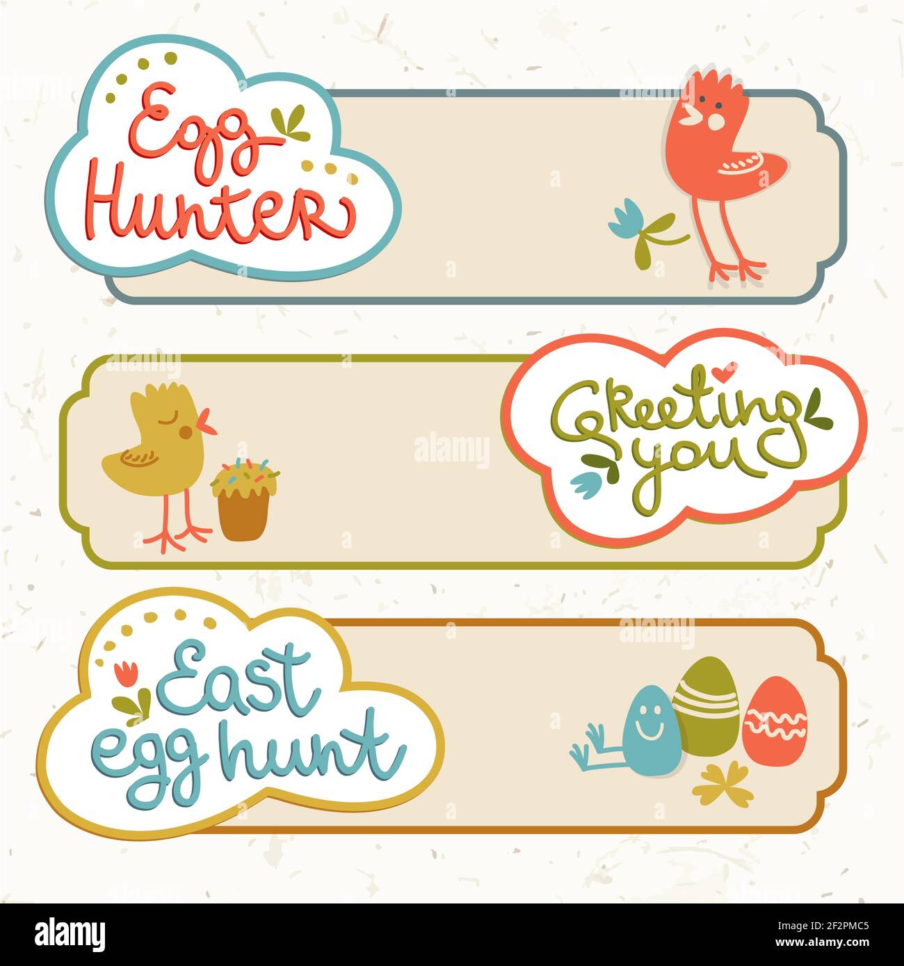 Horizontal banners with happy easter doodle symbols isolated on ...