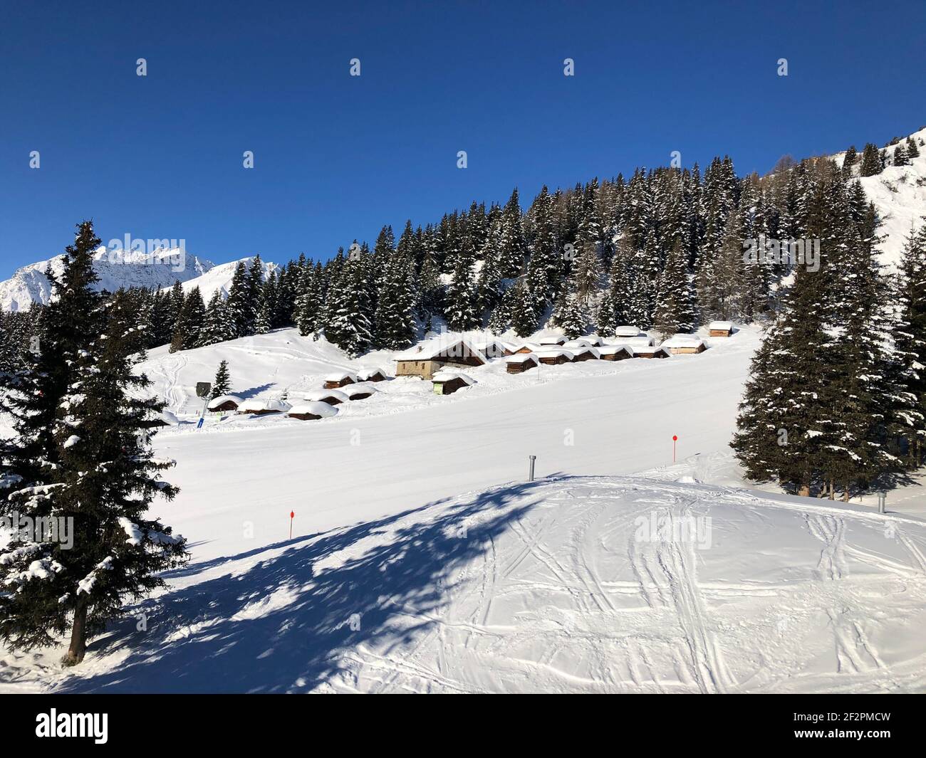 Snow-covered alpine huts, Diasalpe, Alpe Dias, Almmuseum, panoramic ...