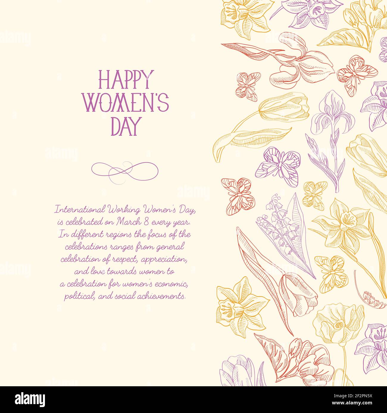 Happy womens day postcard with many flowers to the right of the text ...