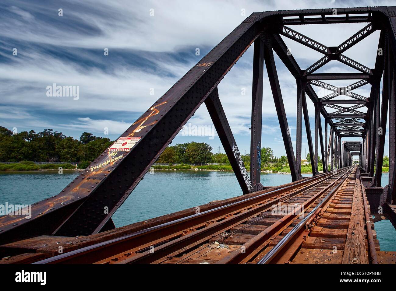 Rail crossing over the Bow River in Calgary, just east of downtown ...