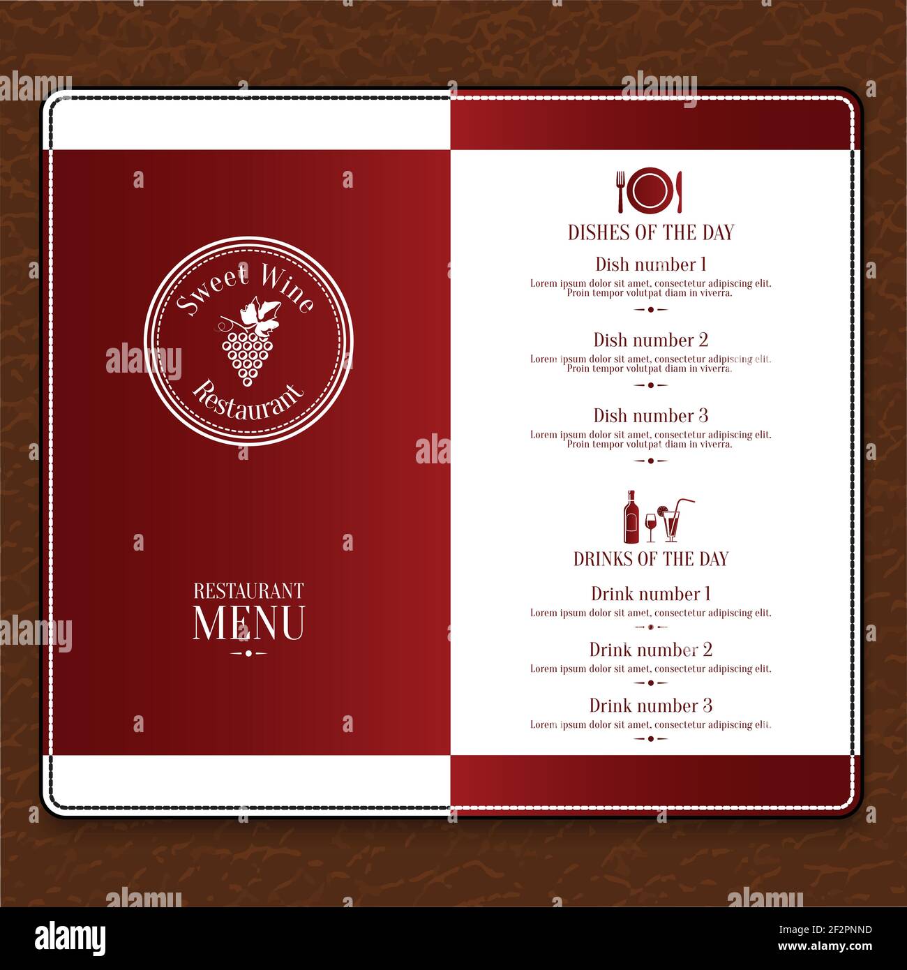 Red design restaurant menu list template with dishes and drinks names ...