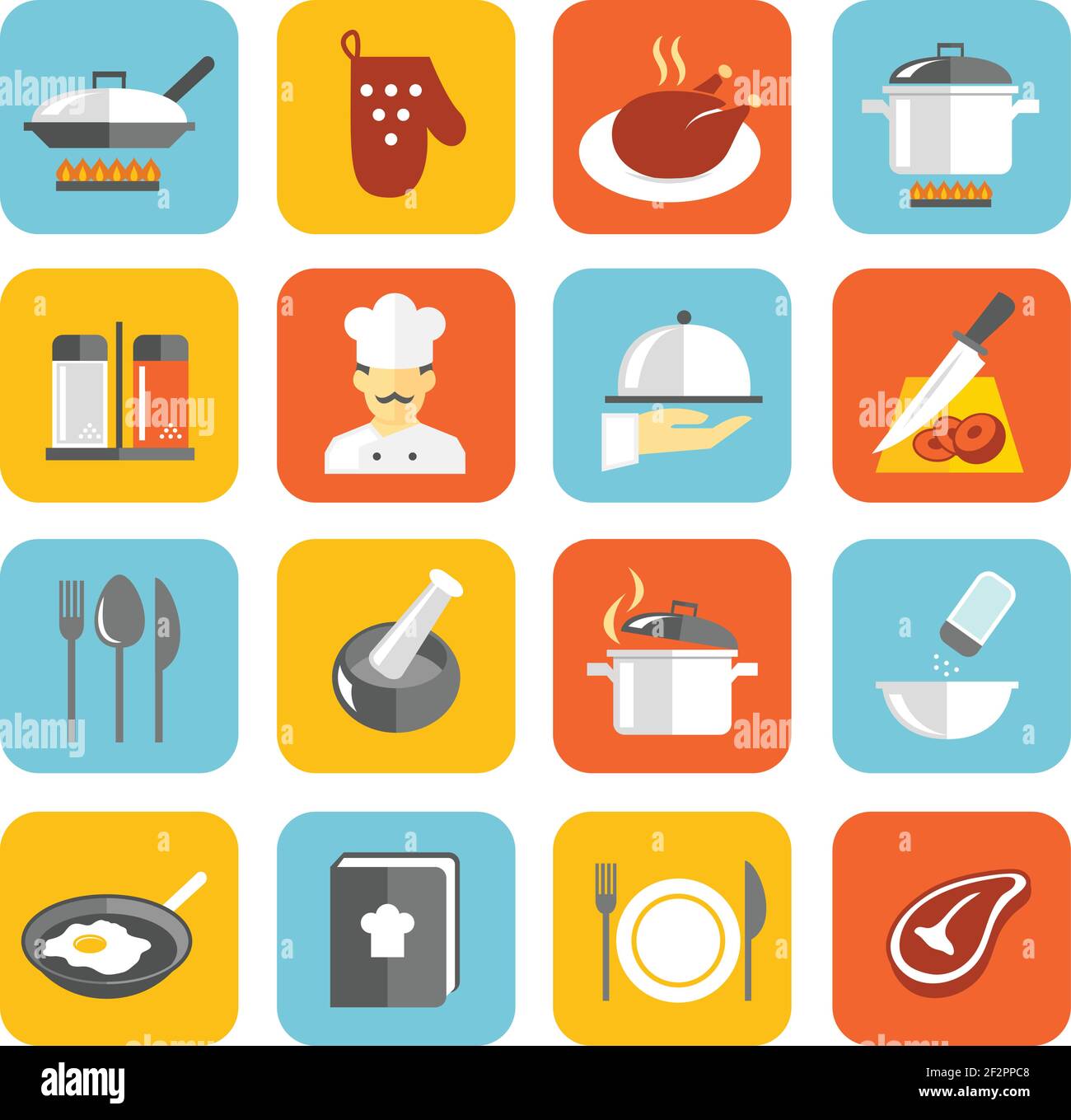 Cooking kitchen and restaurant flat icons set with pan glove chicken ...