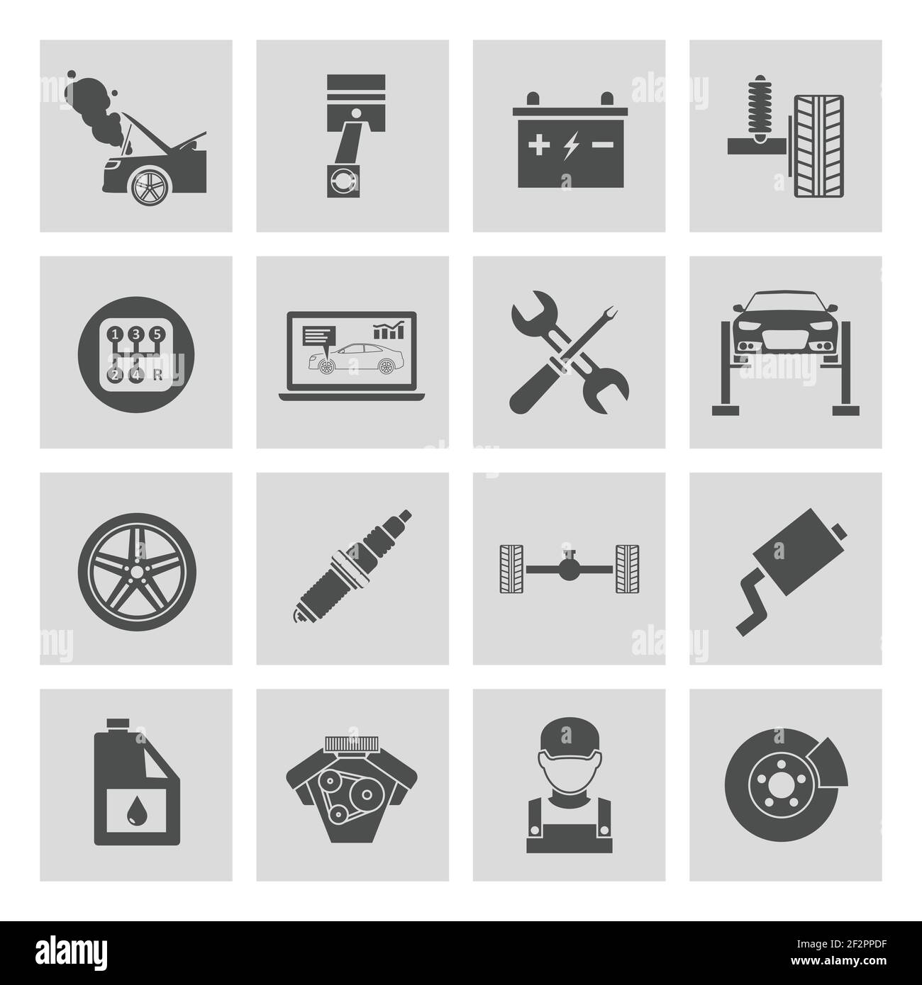 Auto car service icons set of battery tires wheel engine brake repair ...