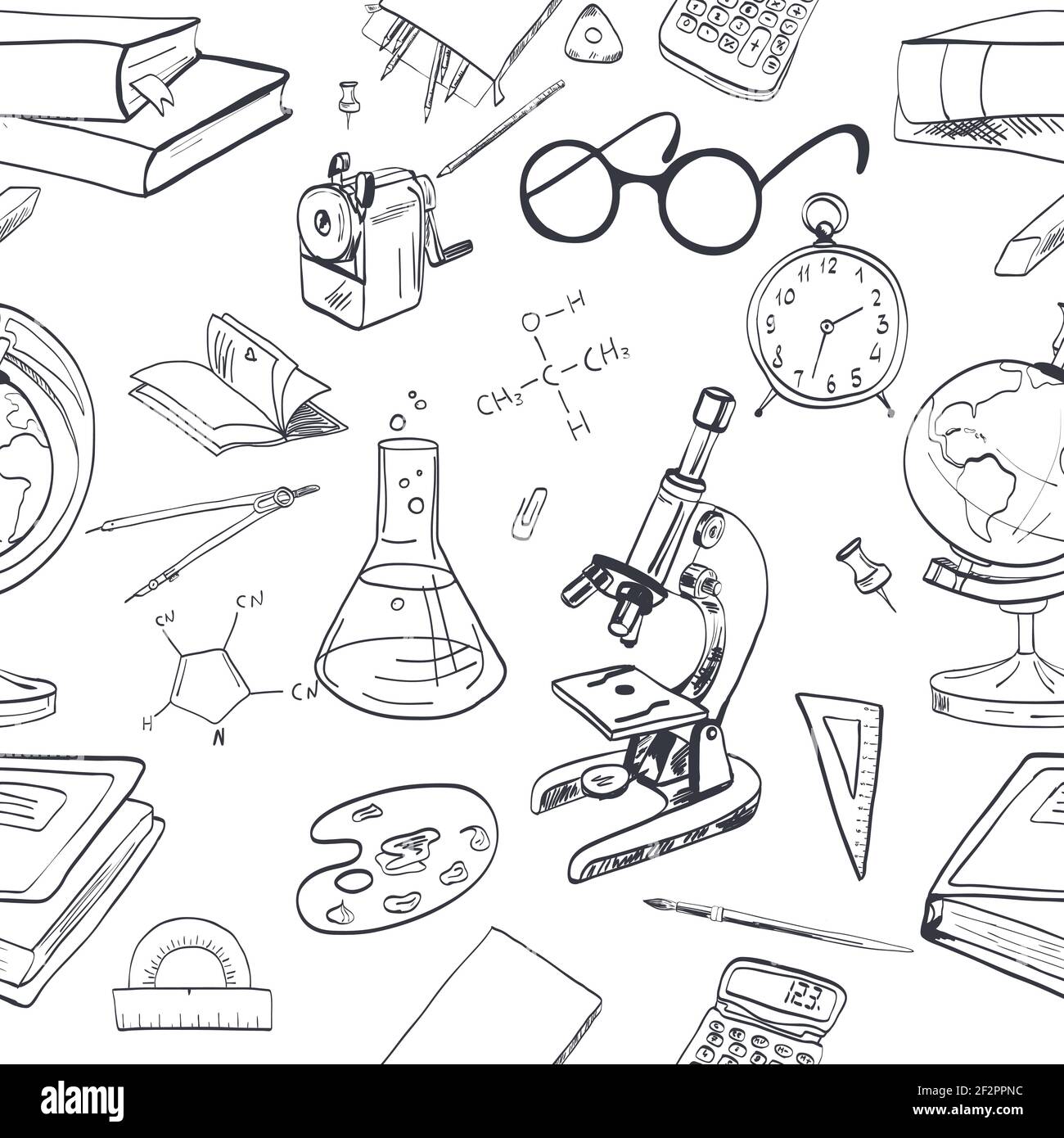 School education seamless wallpaper with microscope notebook chemical ...