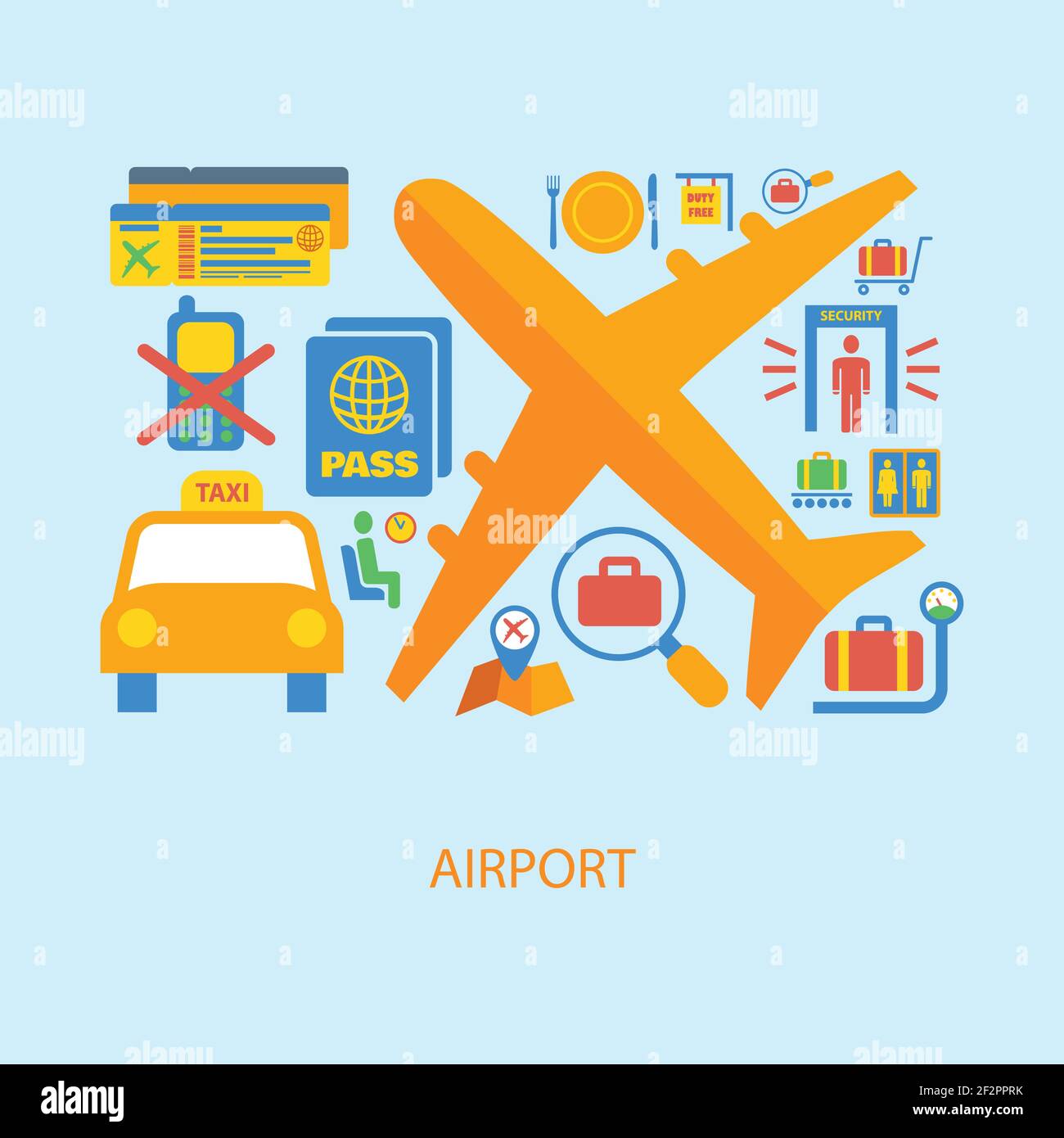 Airport flat concept set of airplane taxi passport ticket icons vector ...