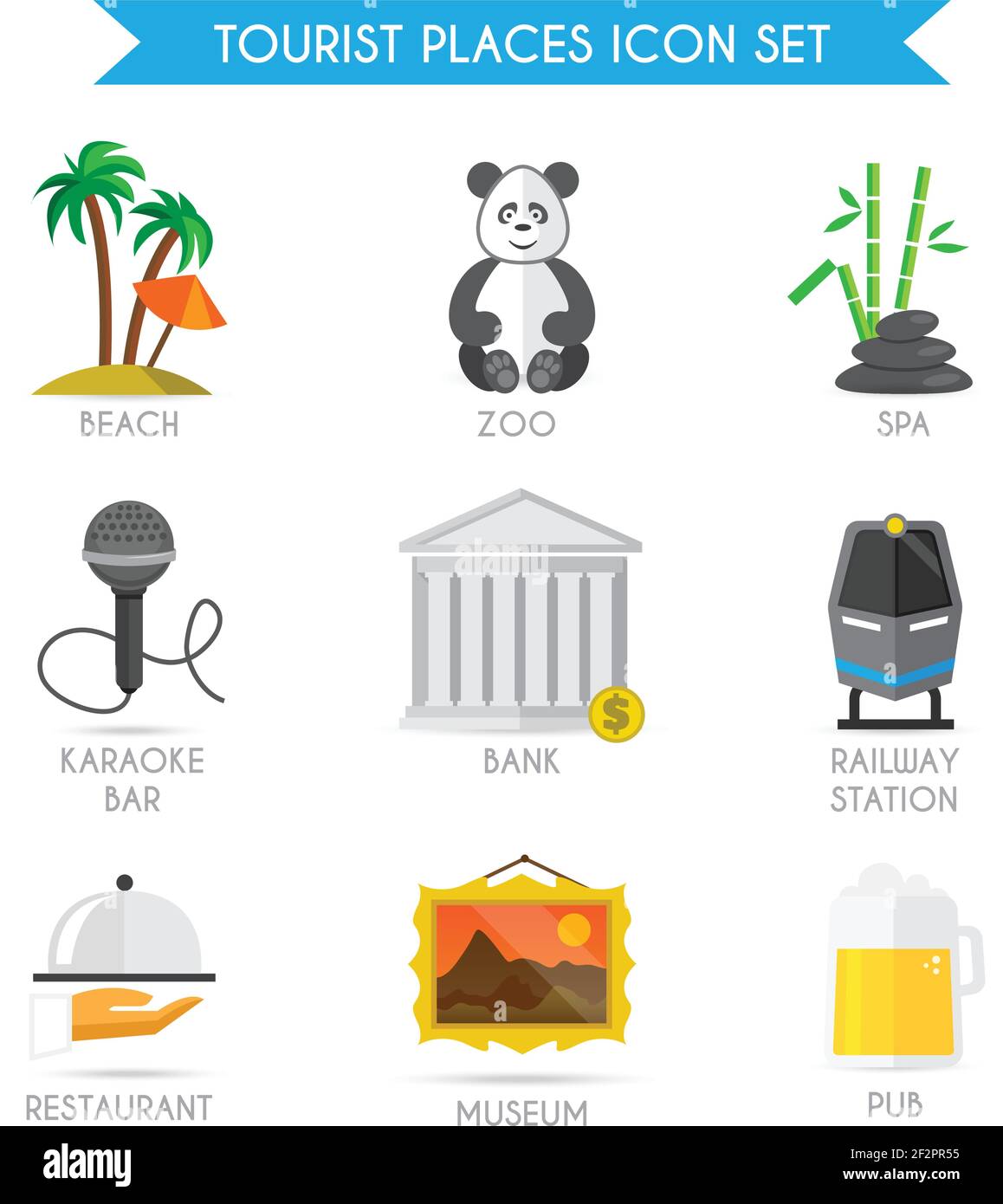 Building decorative tourist places icons set of beach zoo spa isolated ...