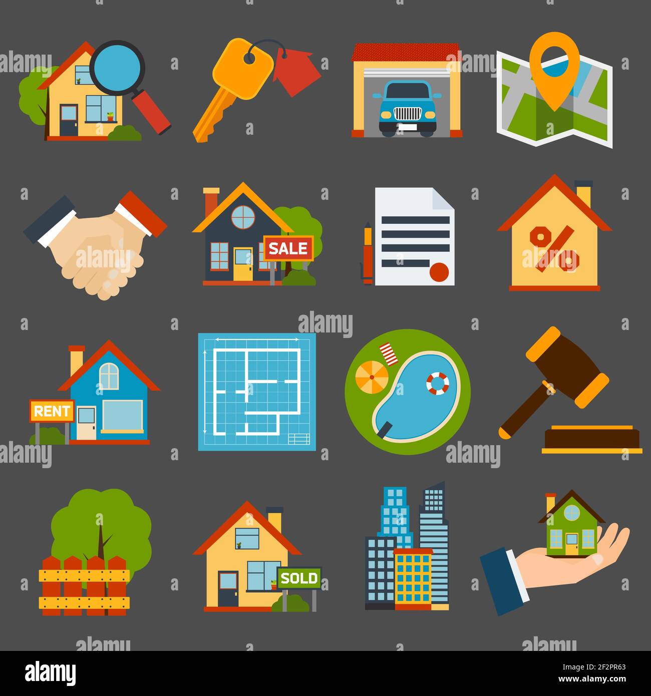 Real estate icons set of house key garage swimming pool isolated vector ...