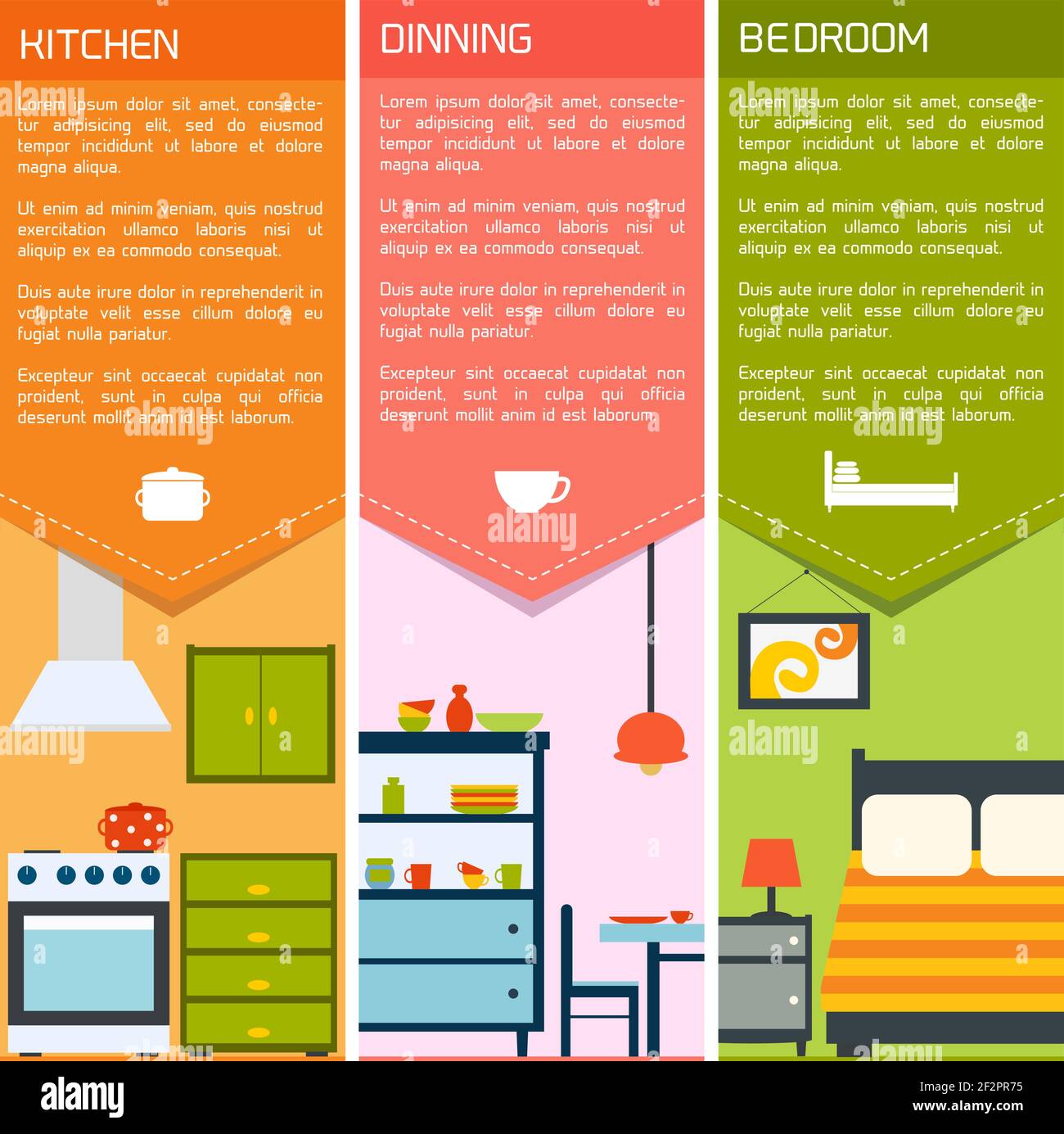 House interiors banners with kitchen dining bedroom isolated vector ...