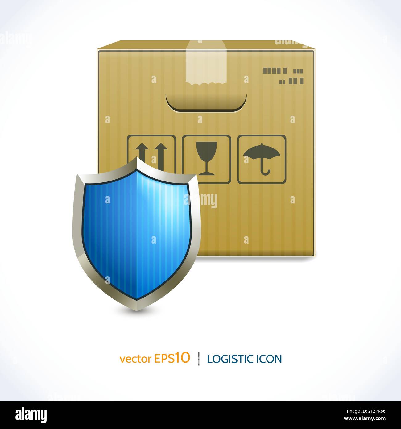 Logistic shipping realistic cardboard box and shield icon isolated on ...