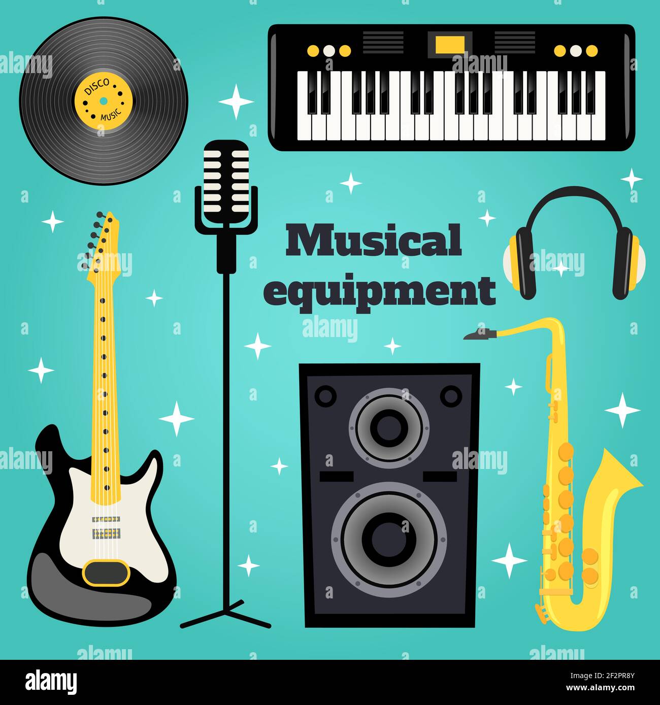 Music equipment set of guitar vinyl disk keyboard sax microphone ...