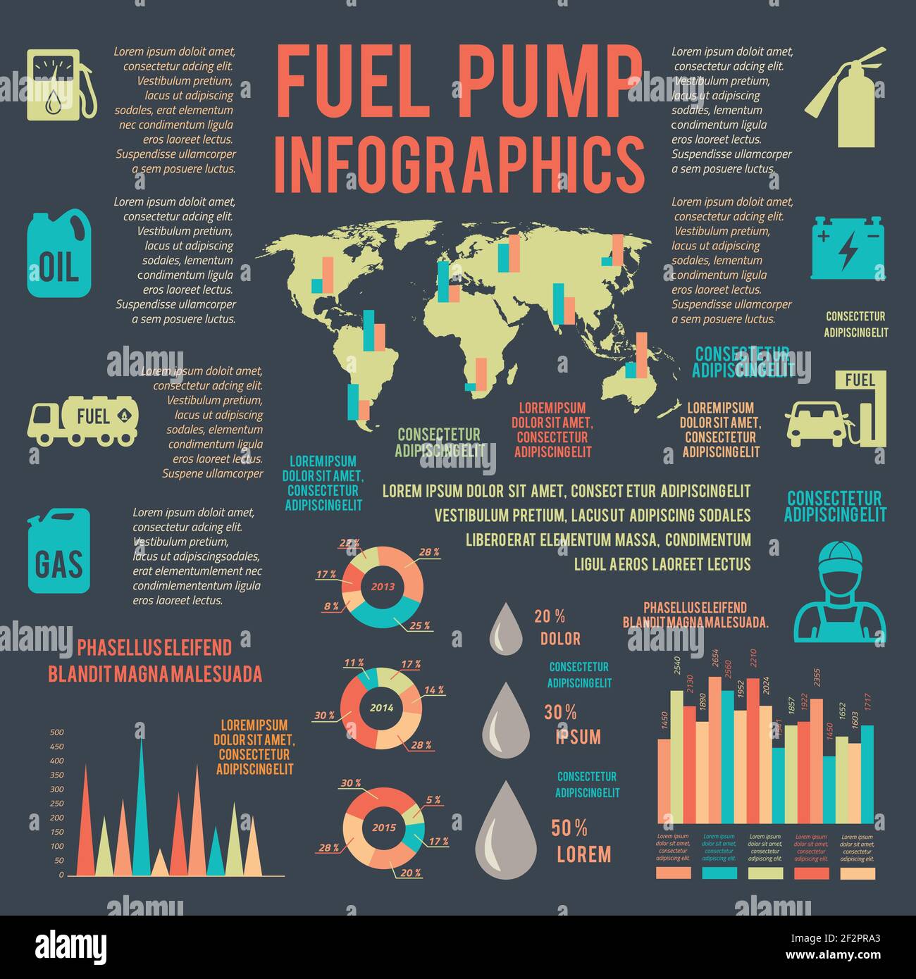 Auto gasoline fuel pump station service infographics with world map on ...