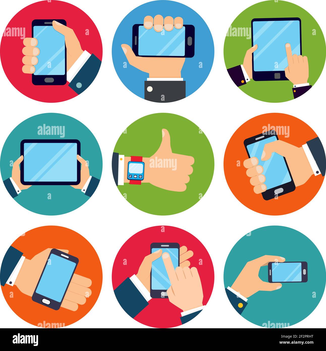 Human hands set holding mobile phones and tablet devices isolated ...