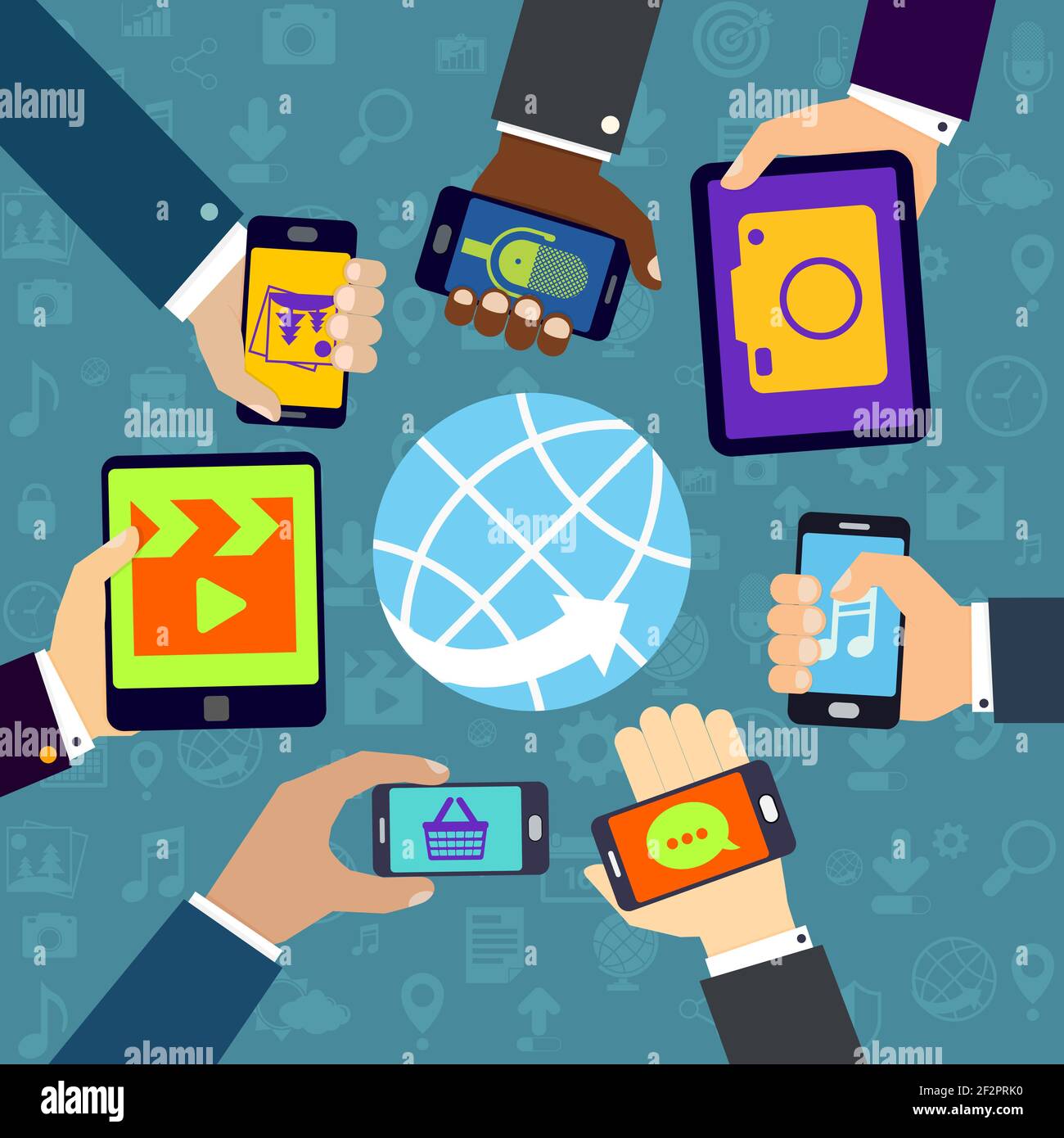 Human hands set holding mobile phones and tablet devices using mobile ...