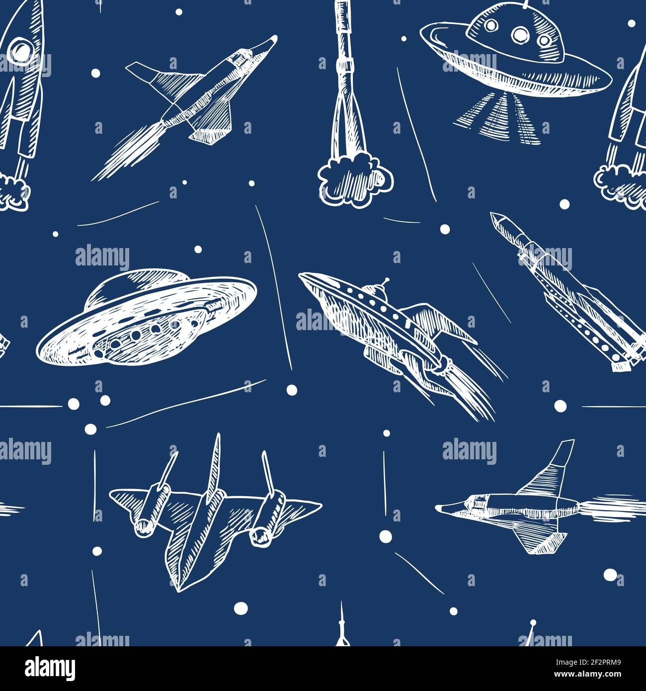 Space aircraft rocket and ufo flying in stars sketch seamless pattern ...