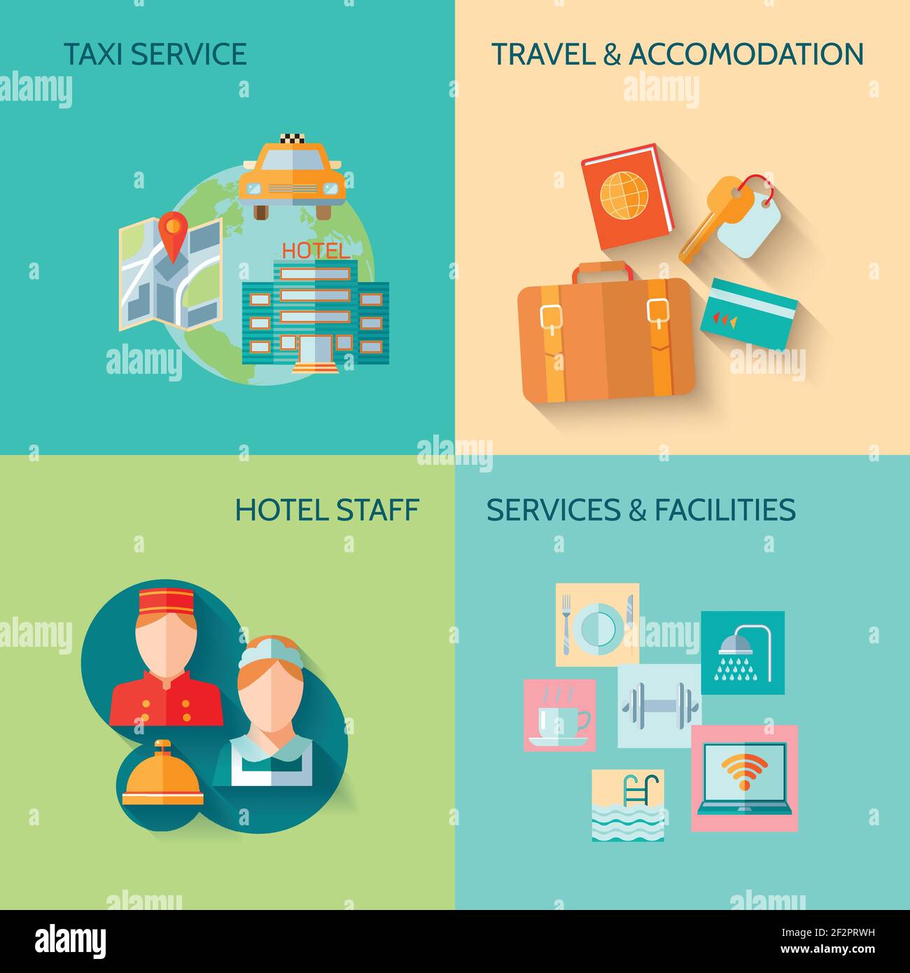 Travel tourism taxi service concept flat business icons set of hotel ...