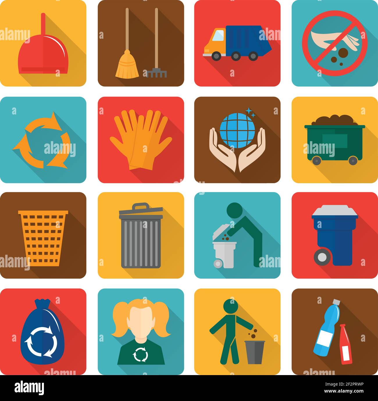 Garbage trash cleaning recycling environmental symbols flat shadowed ...
