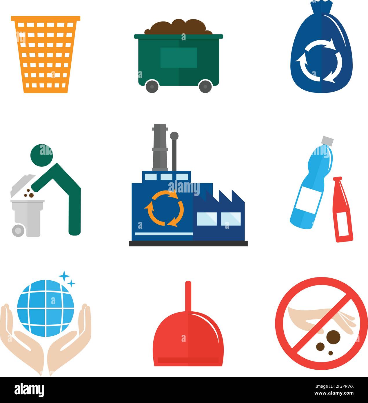 Garbage recycling icons flat set of waste bin dumpster hygienic bag ...
