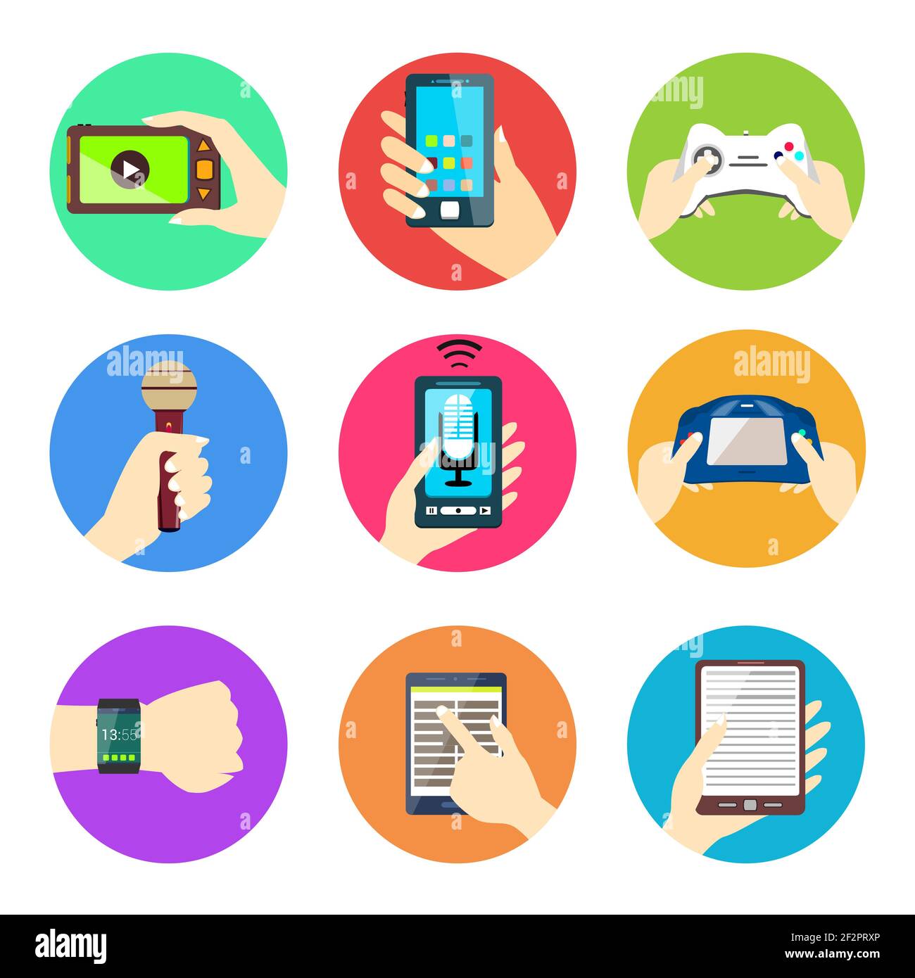 Human Hands Set Holding Mobile Phones And Electronic Devices Isolated
