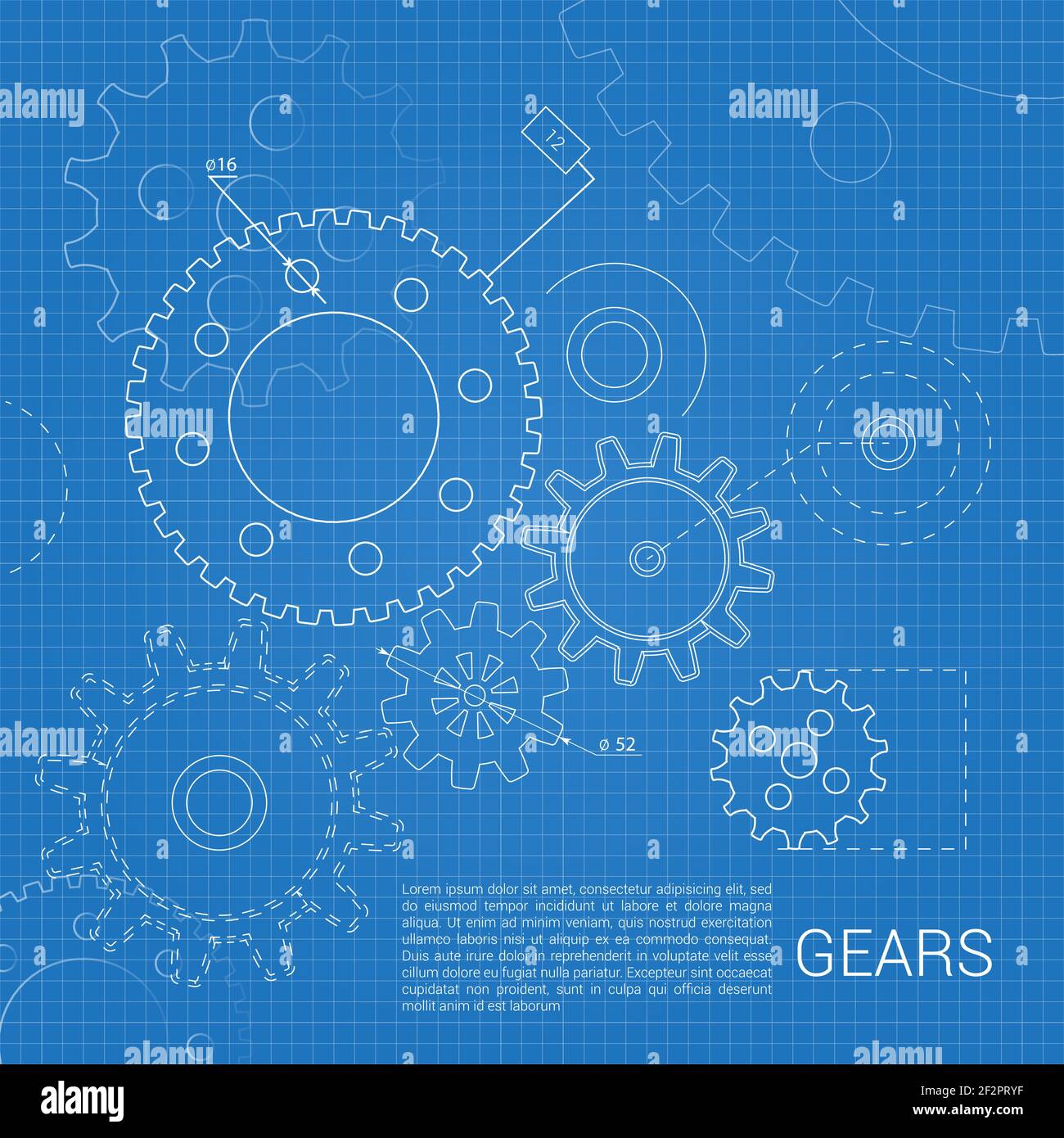 Drawn cogwheel gears mechanisms on squared background poster vector ...