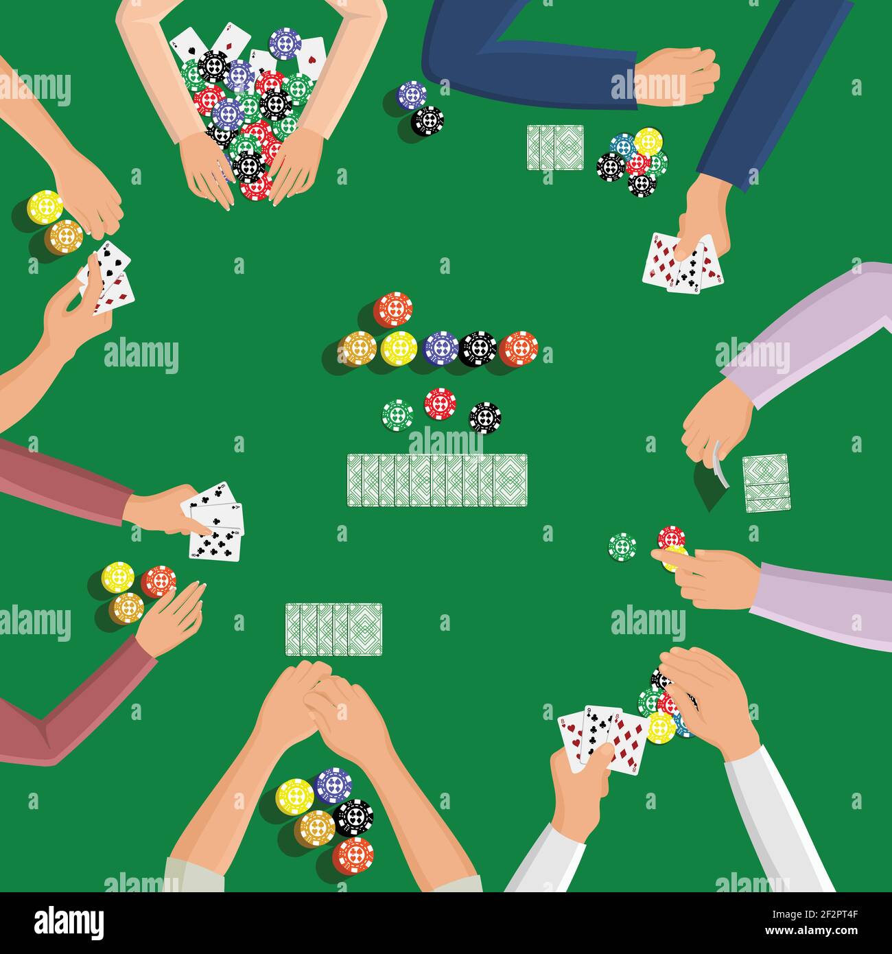 People playing in poker game on the green table with hand and card ...