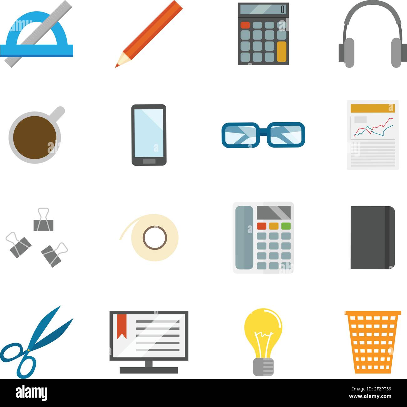 Business office desk icons set of computer coffee cup and stationery ...