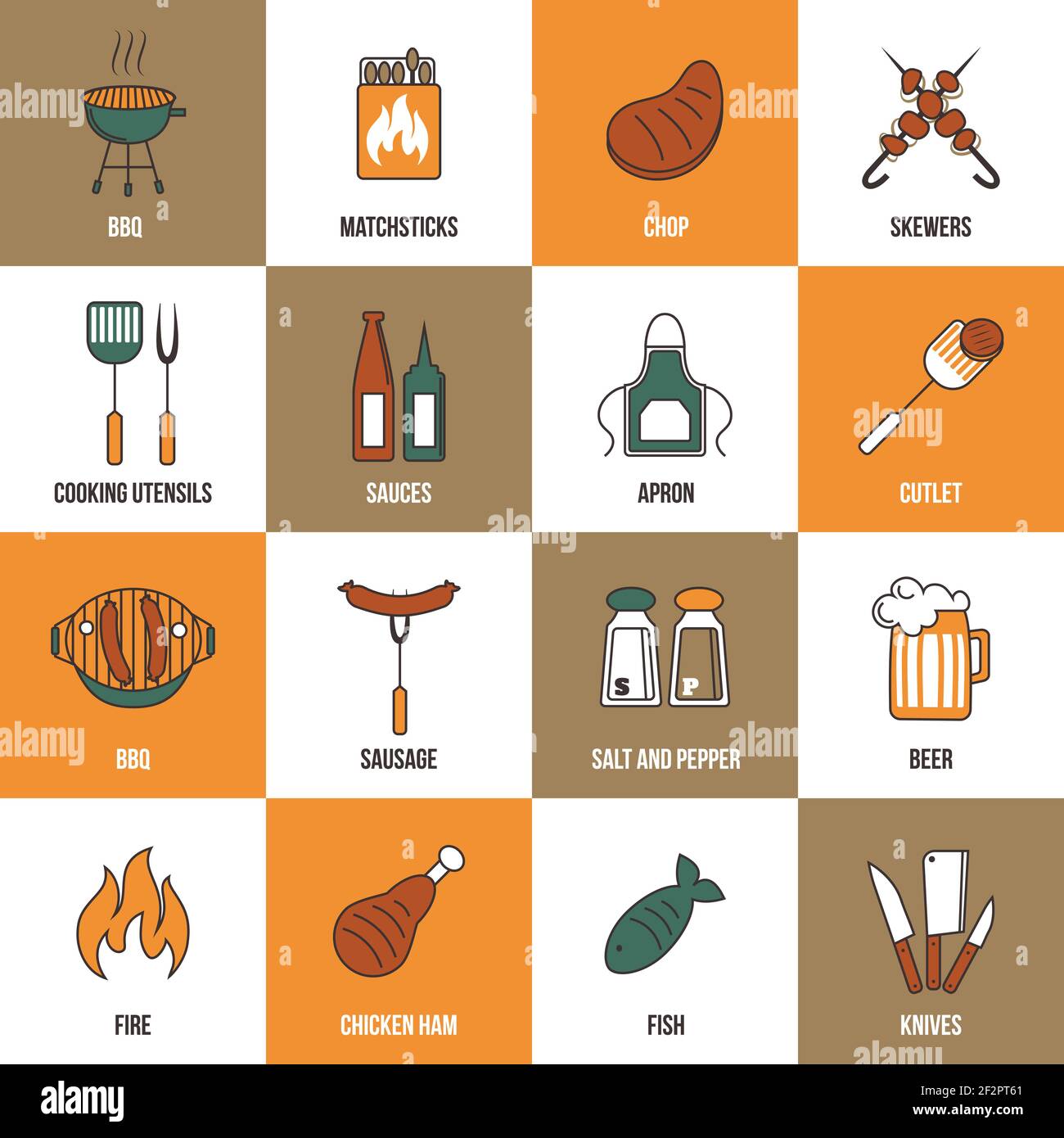 Bbq grill party utensil flat line icons set with beer chicken salt and ...