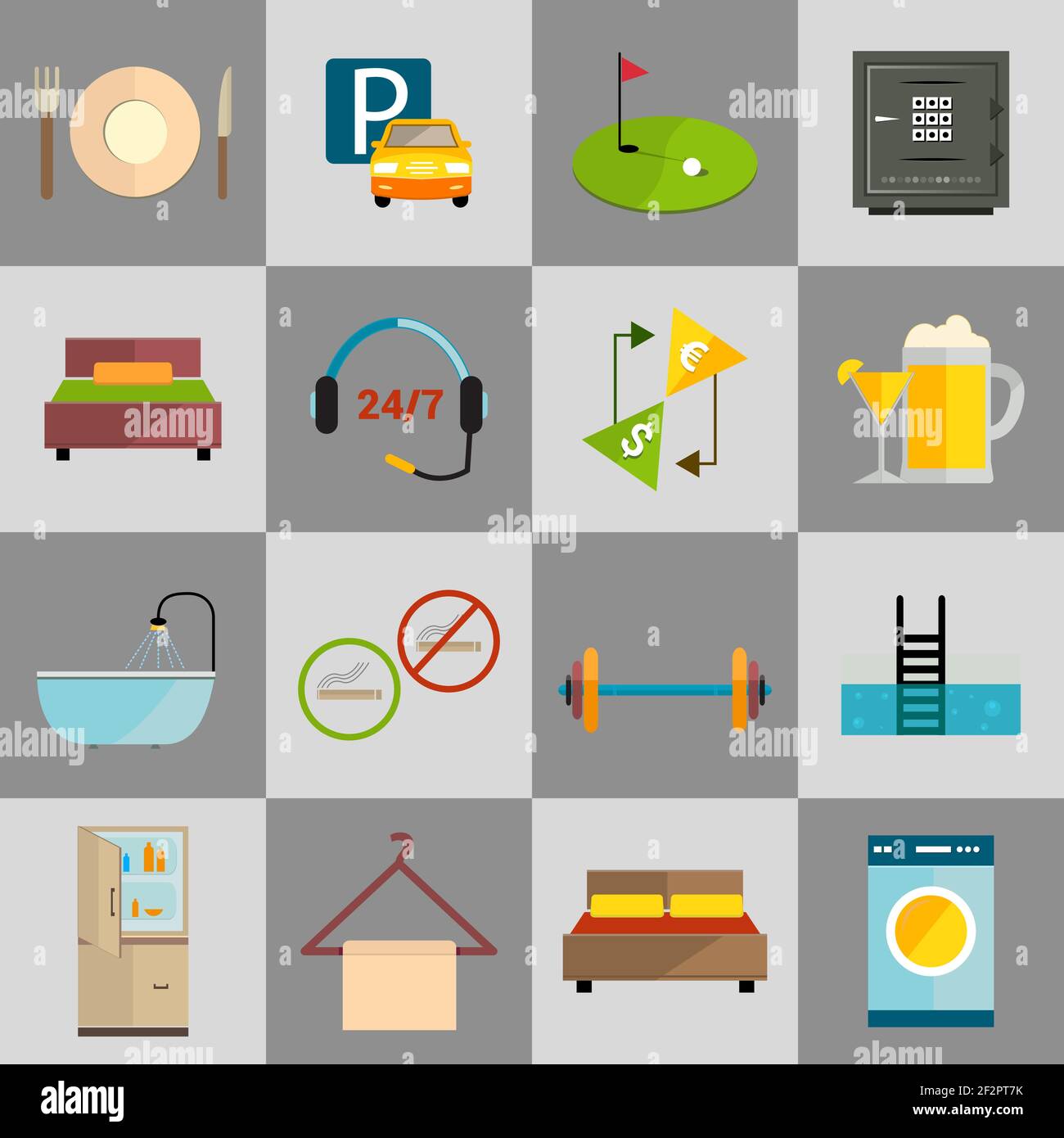 Hotel amenities and room service icons of golf spa massage and bell ...