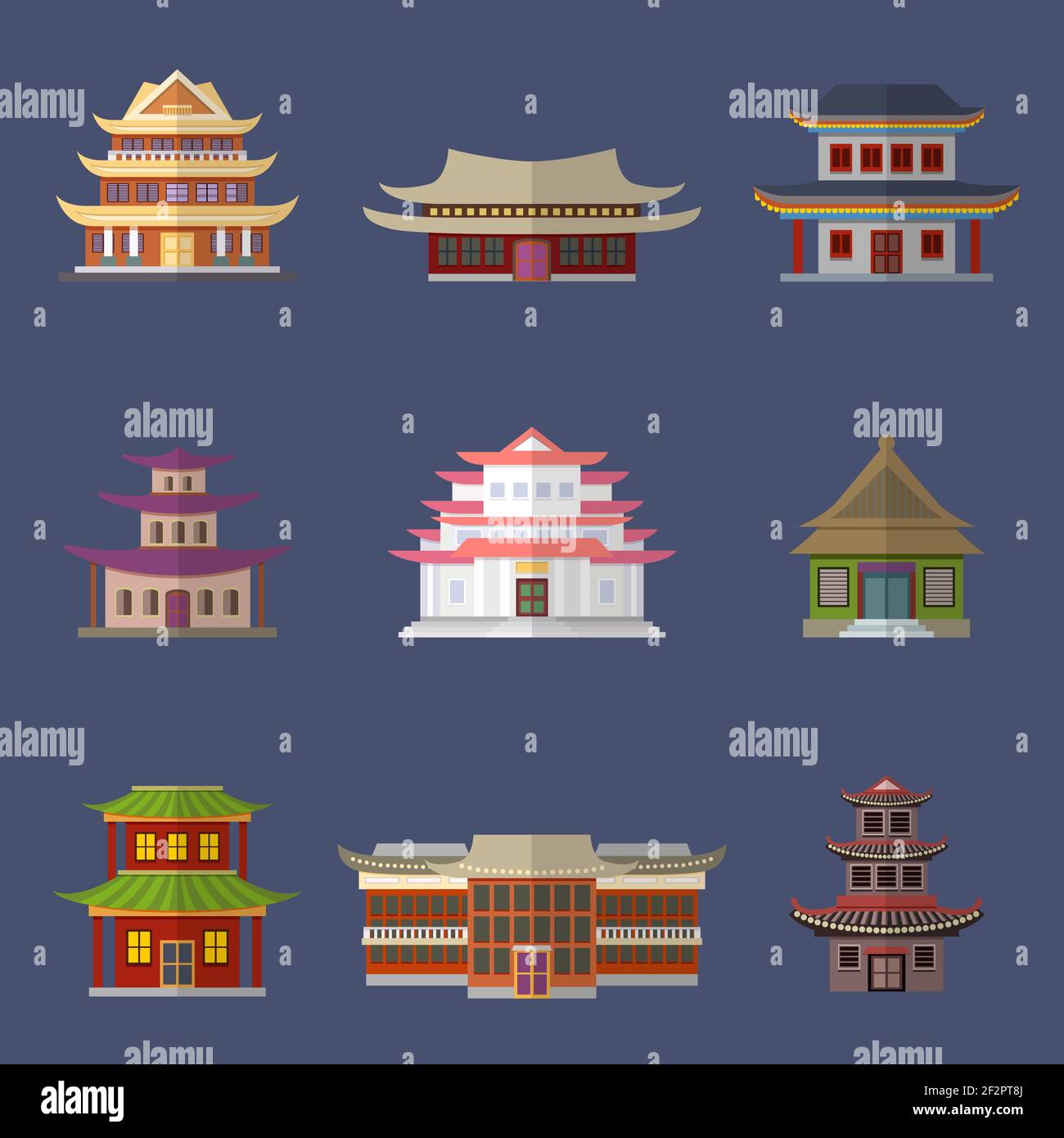Chinese house ancient temples oriental buildings icons set isolated ...