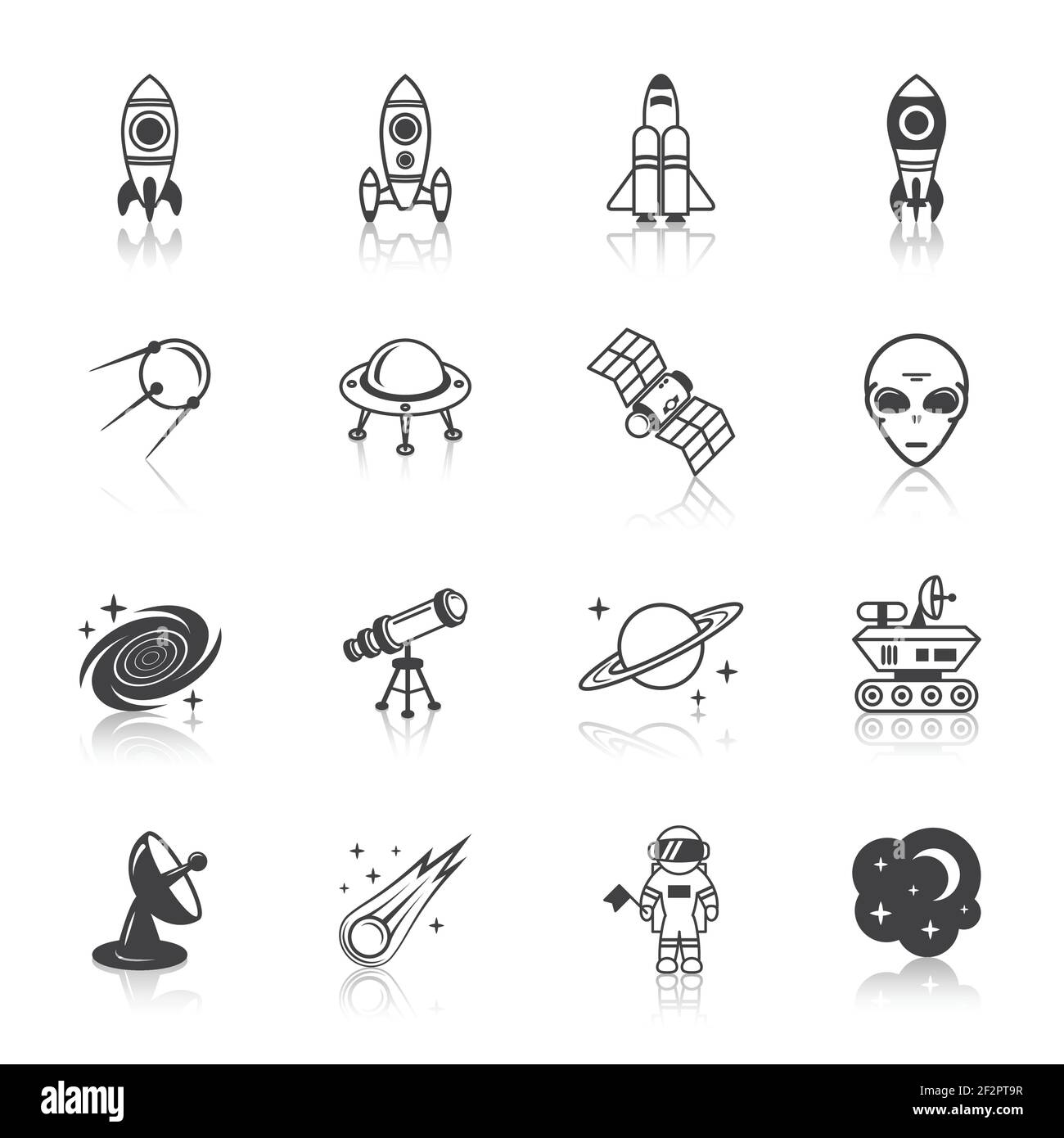 Space line icons set of shuttle astronaut alien and comet vector ...