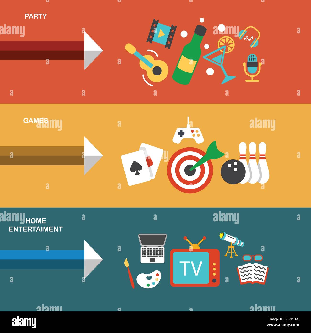 Entertainment flat banner set with party games isolated vector ...