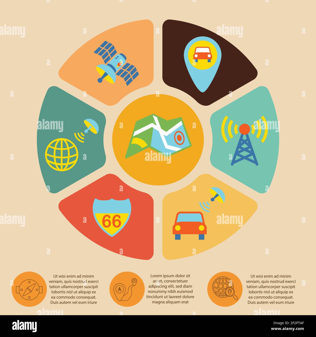 Mobile navigation geolocation routing mapping infographics set with pie ...