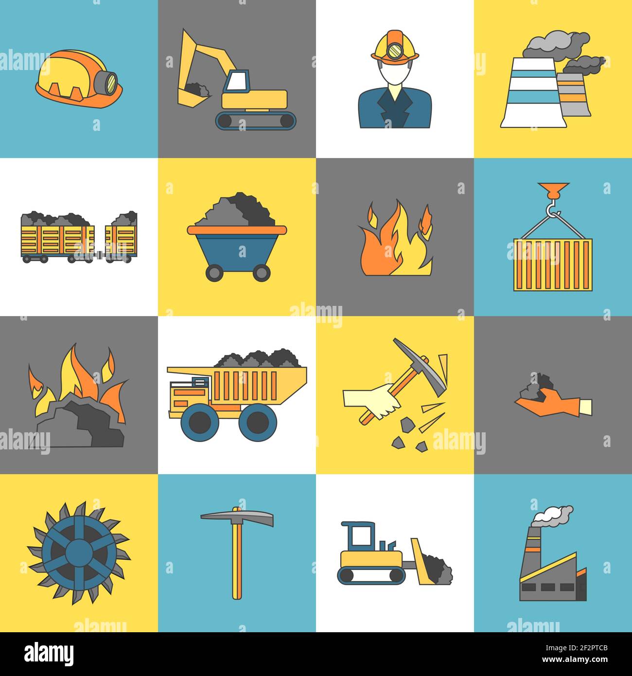 Coal machinery factory mining machinery flat line icons set isolated ...
