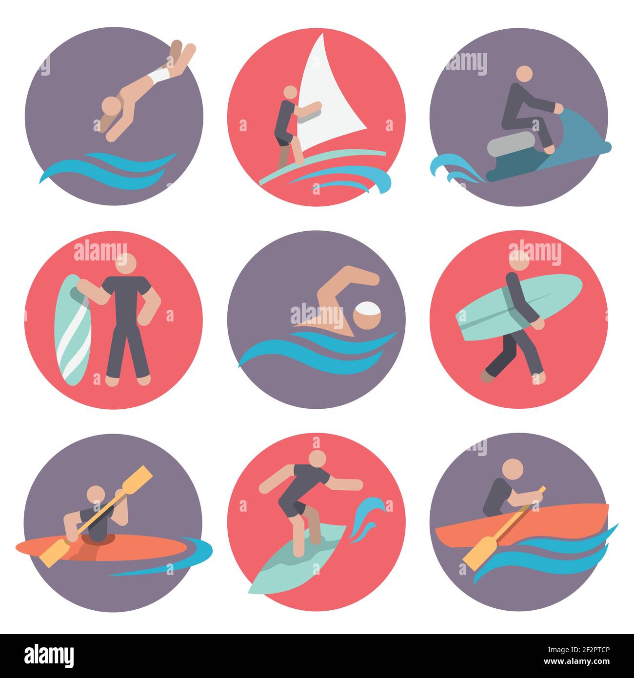 Water sports flat icons set with jumping sailing jetskiing isolated ...