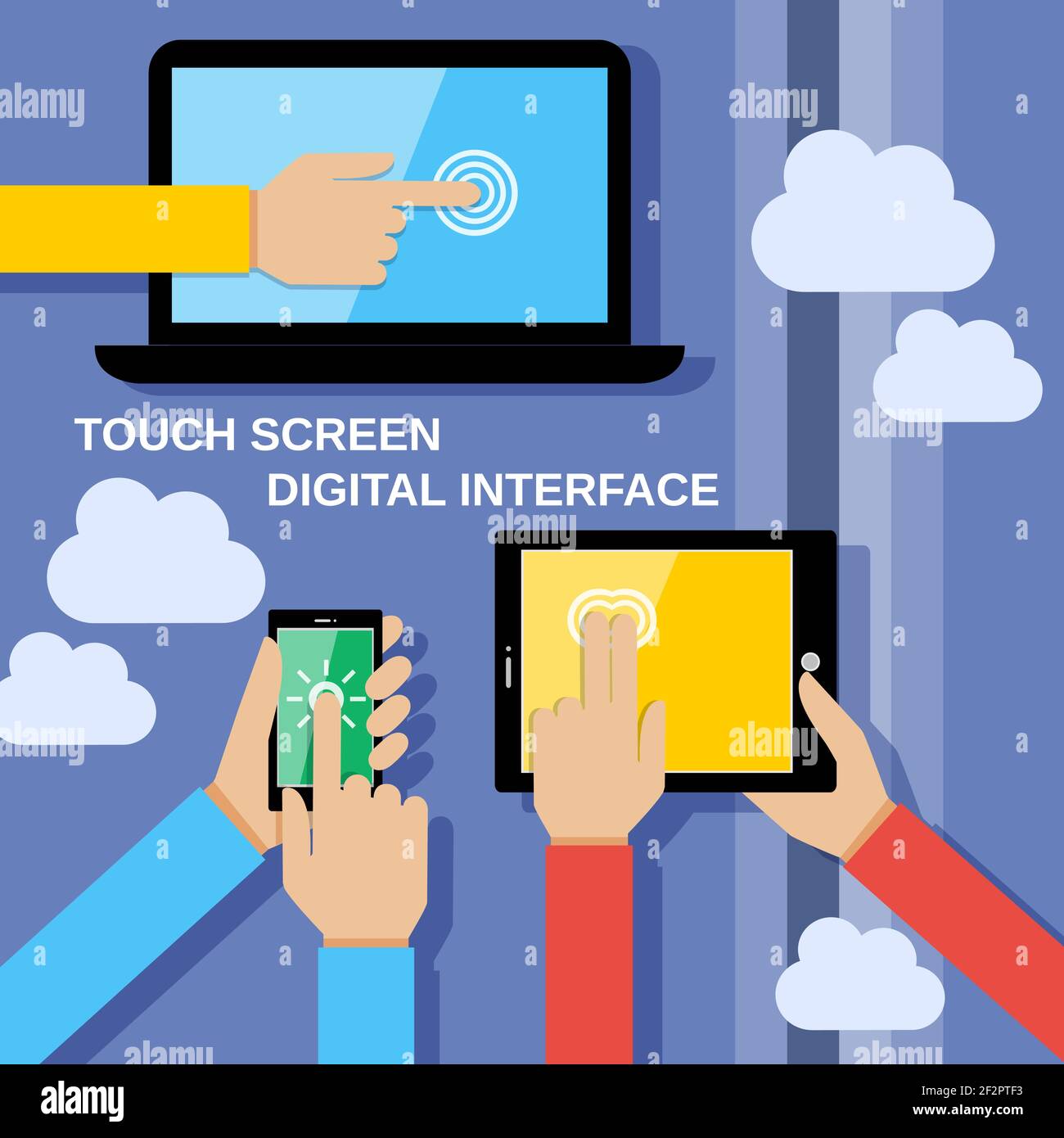 Human hands set holding touching mobile phones screens computer and ...