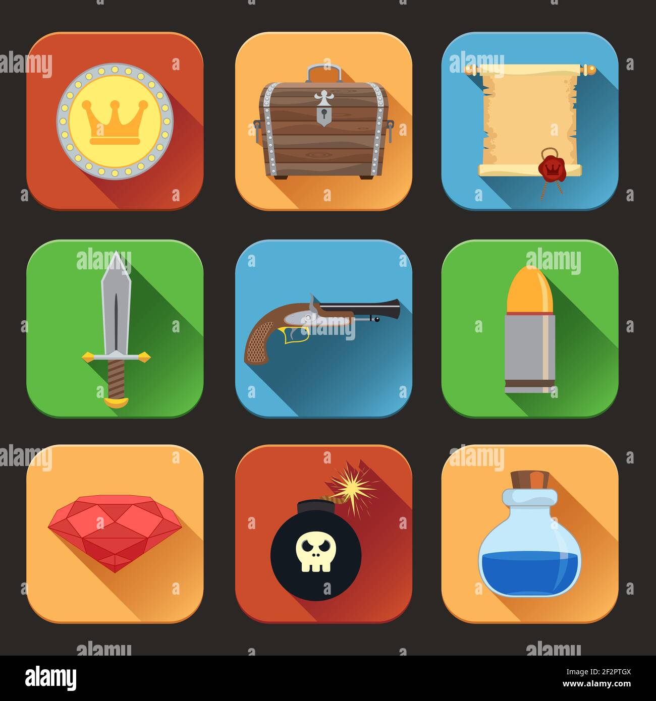 Game resources play elements flat icons set of chest shield sword ...