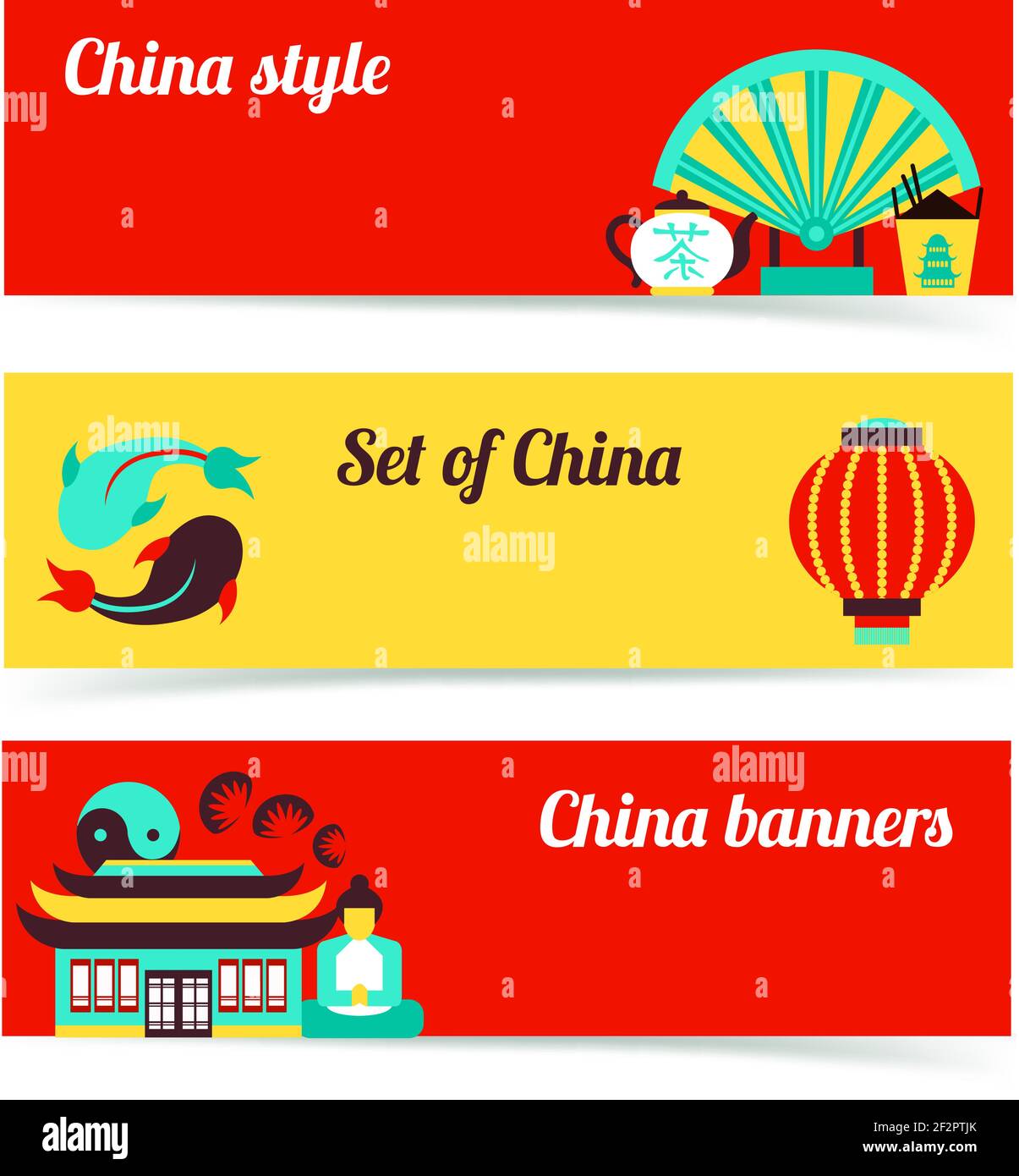 China style travel horizontal banners set isolated vector illustration ...