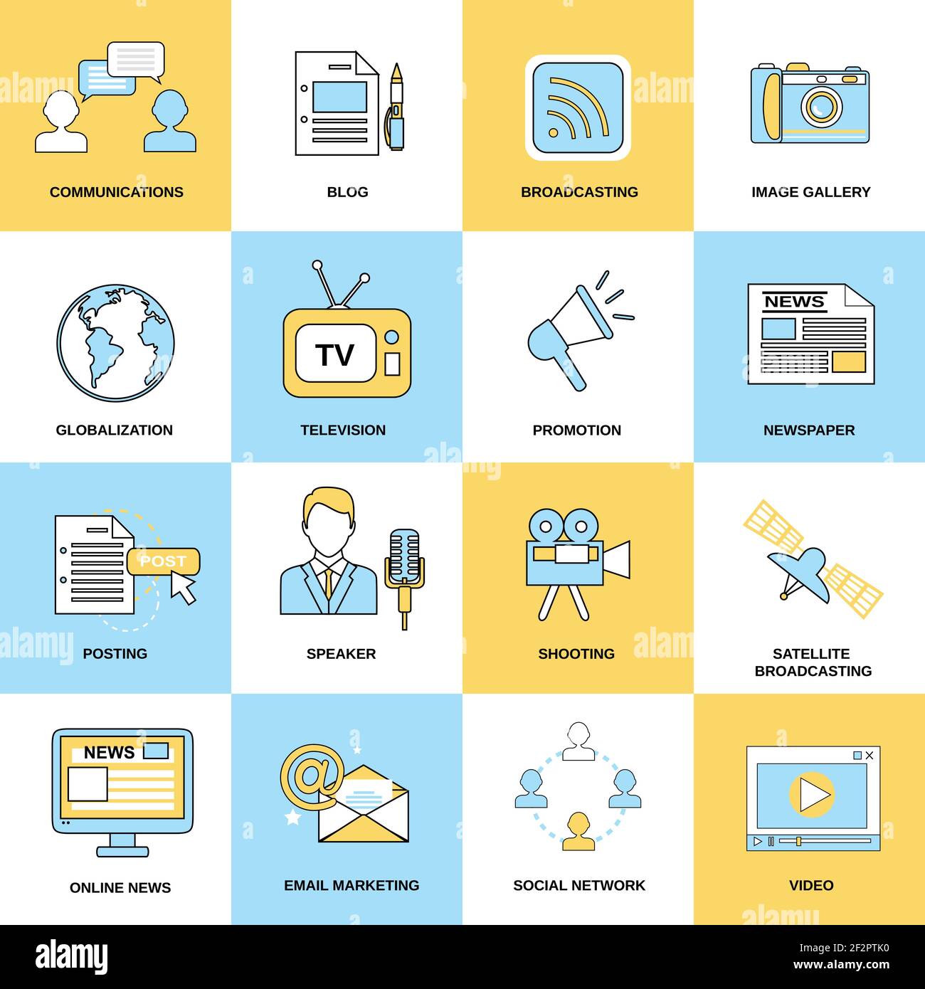 Media icons line flat of communications blog broadcasting isolated ...