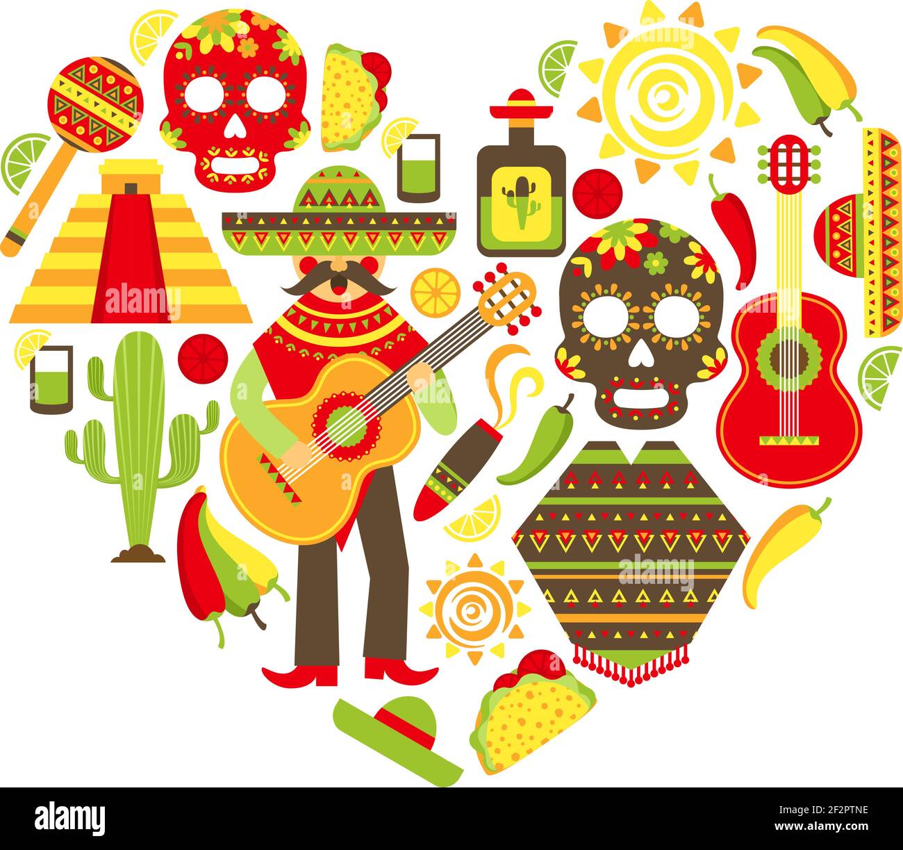 Mexico travel traditional symbols decorative icon set in heart shape ...