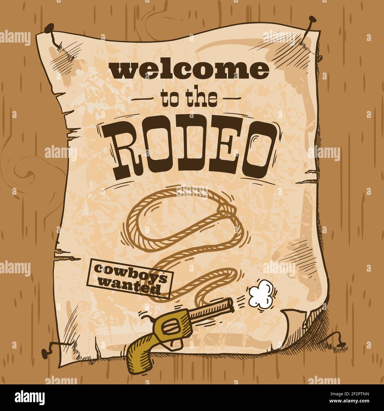 Wild west cowboy hand drawn rodeo poster with gun and lasso vector ...
