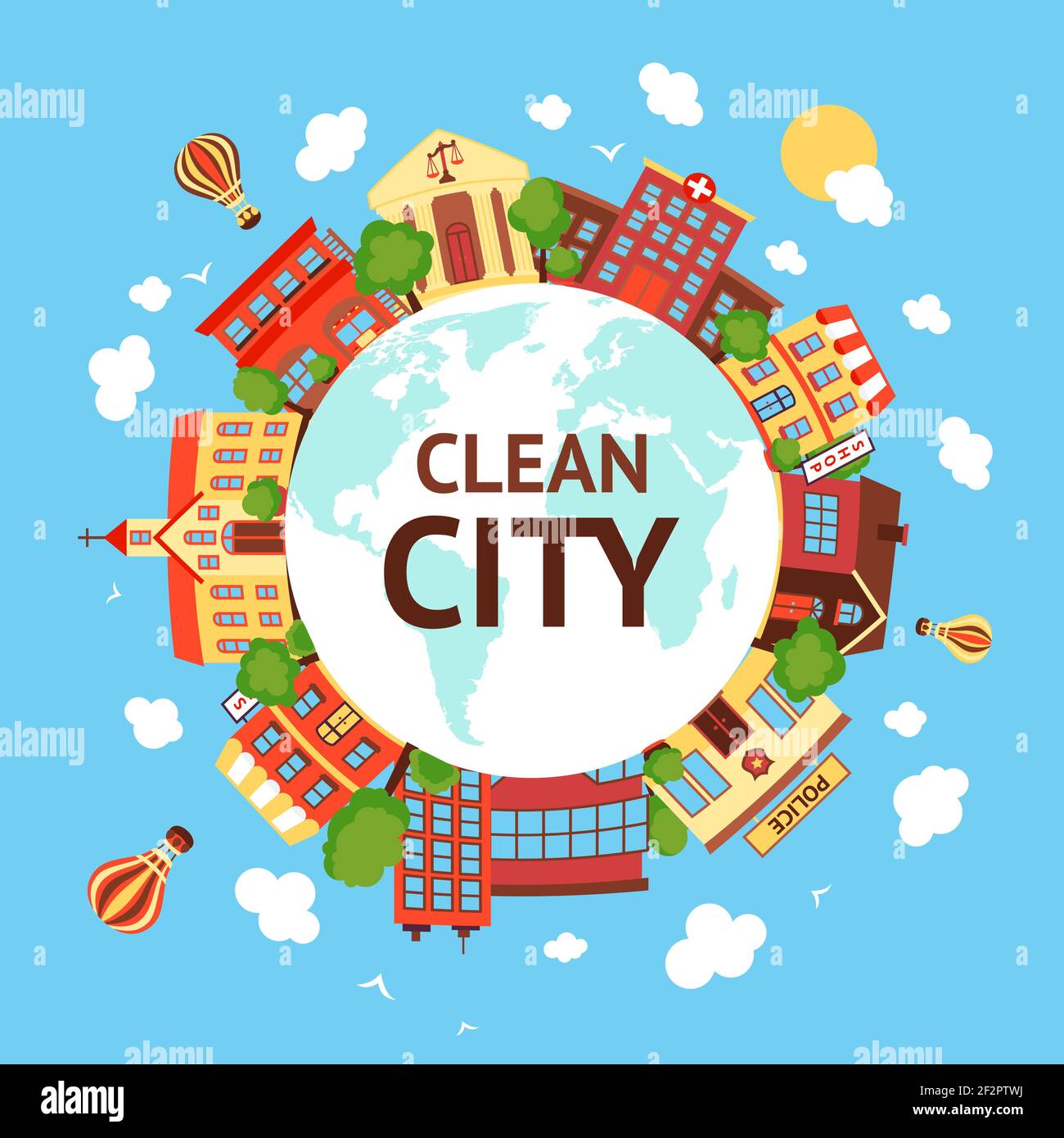 Clean city street scape background with globe retro buildings around ...