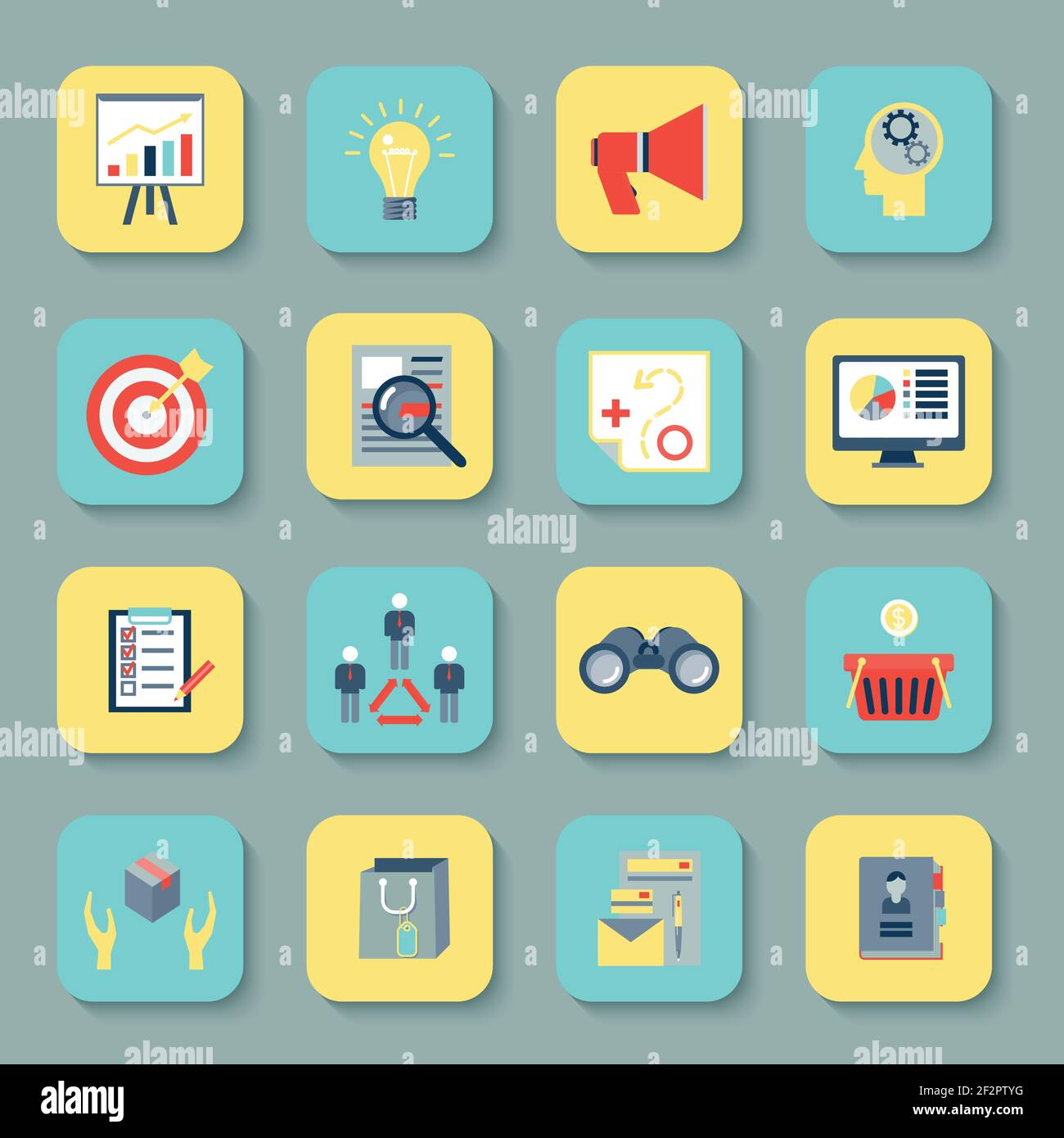 Marketer flat icons set with research product marketing brand ...