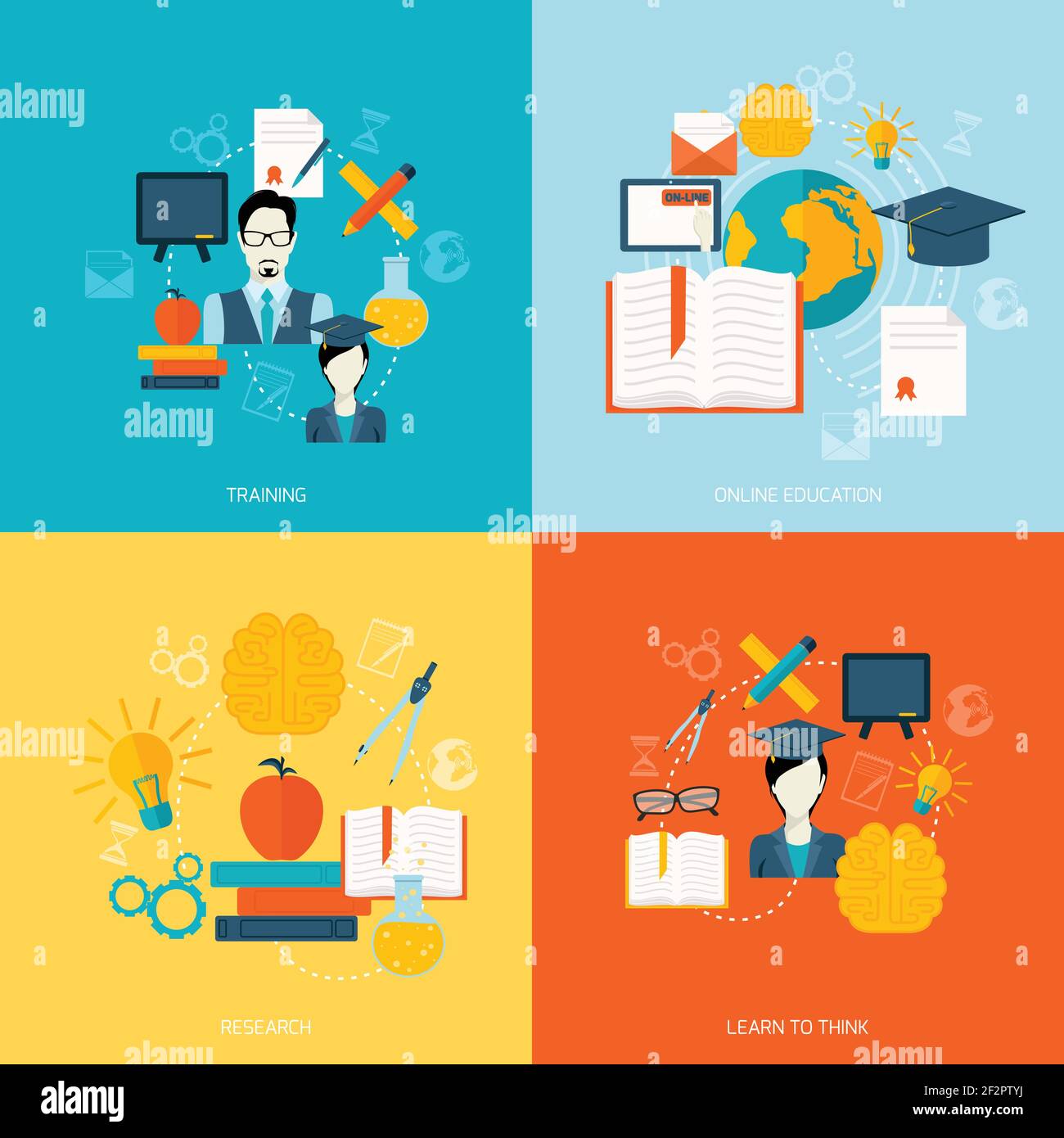 Education school university online flat icons set with training ...
